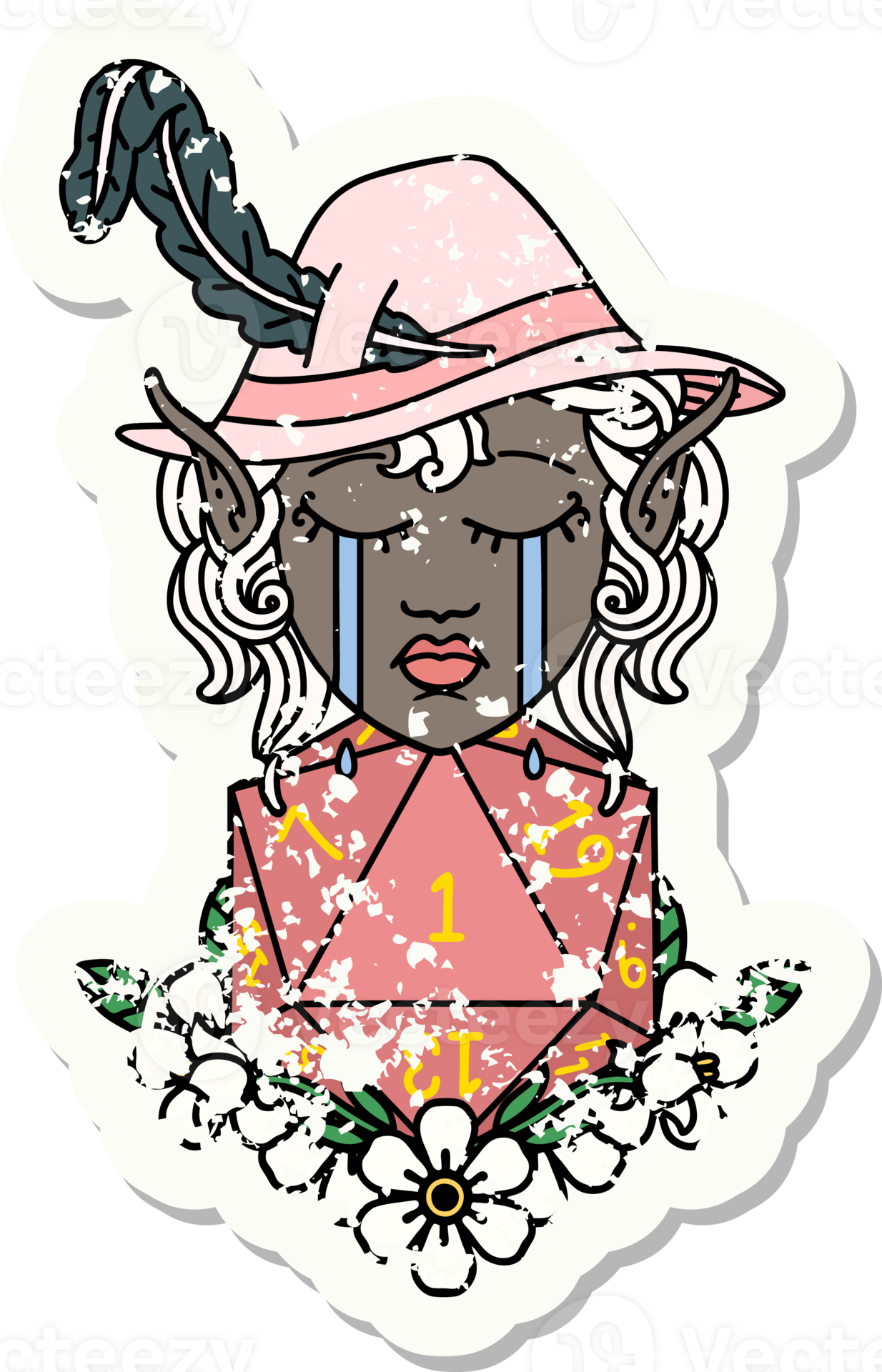 Retro Tattoo Style Crying Elf Bard Character With Natural One D20 Roll 41014791 Png