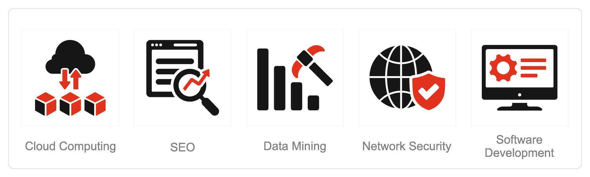A set of 5 Hard Skills icons as cloud computing, seo, data mining ...