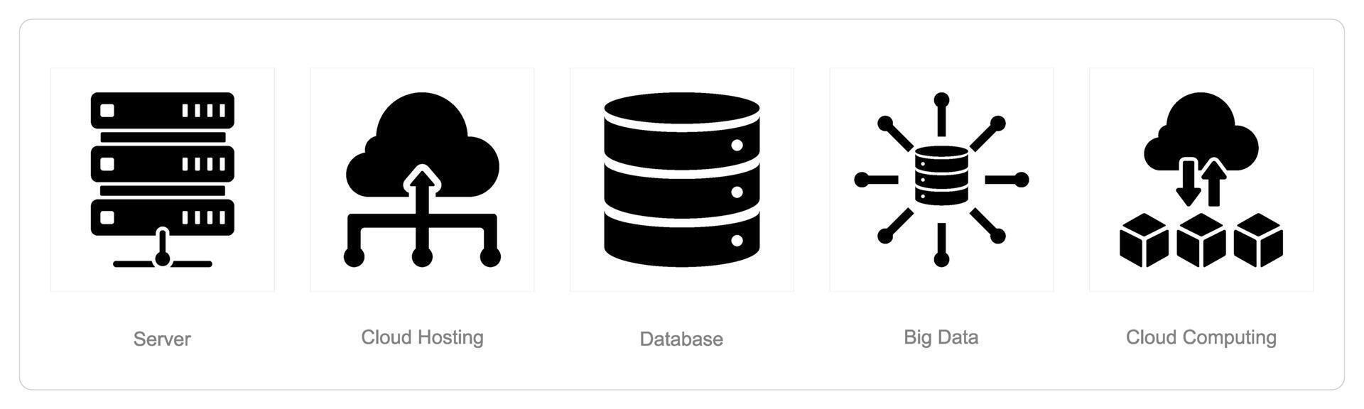 A set of 5 Data analysis icons as server, cloud hosting, database ...