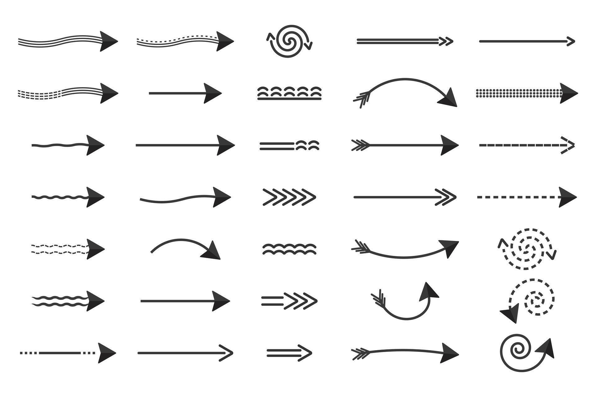 Arrows direction of movement, set of black arrows of different shapes dotted twisted pointers ...