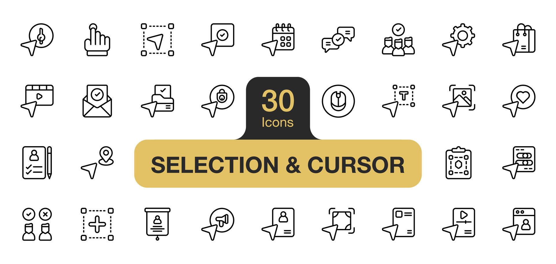 Set of 30 Selection and cursors icon element sets. Includes like, mouse, option, object, folder ...