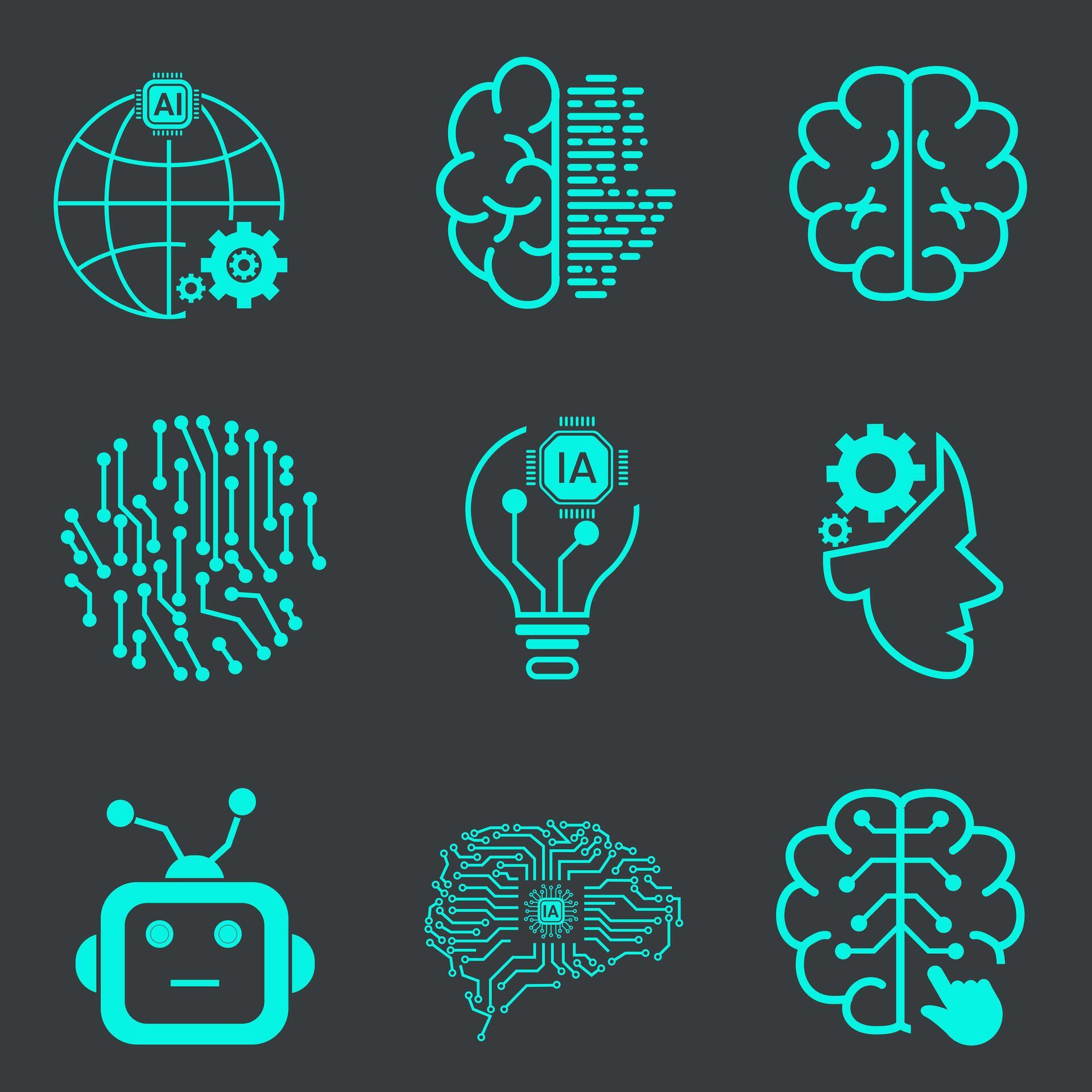 Collection of nine Technology of Artificial Intelligence Vector Line ...