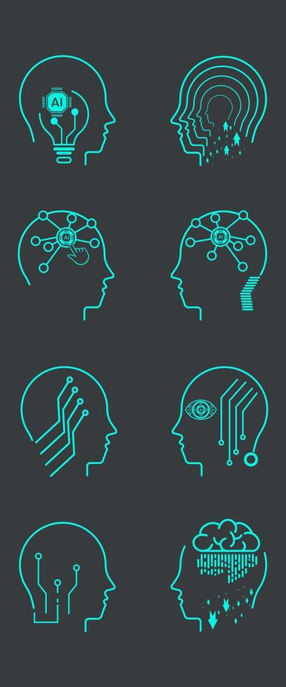 Set of Artificial intelligence line style. machine learning robot heads ...