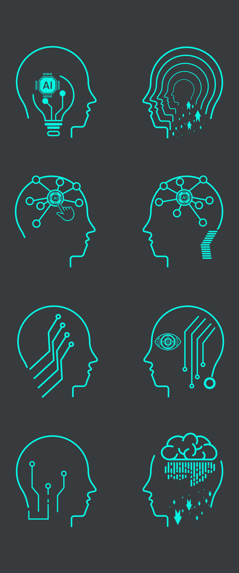 Set of Artificial intelligence line style. machine learning robot heads ...