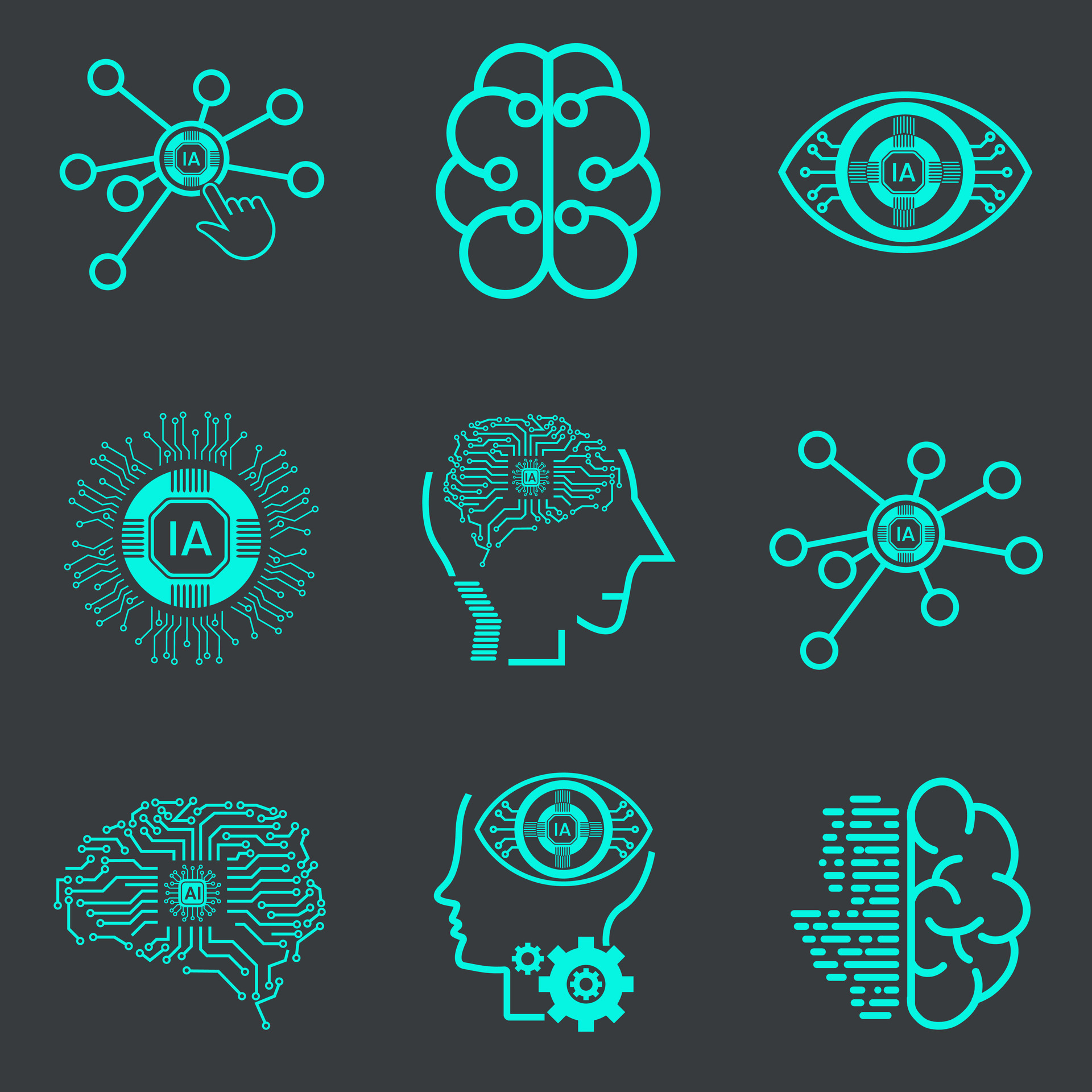Collection of NINE technology icons, such as robot, digital, vr, ai ...