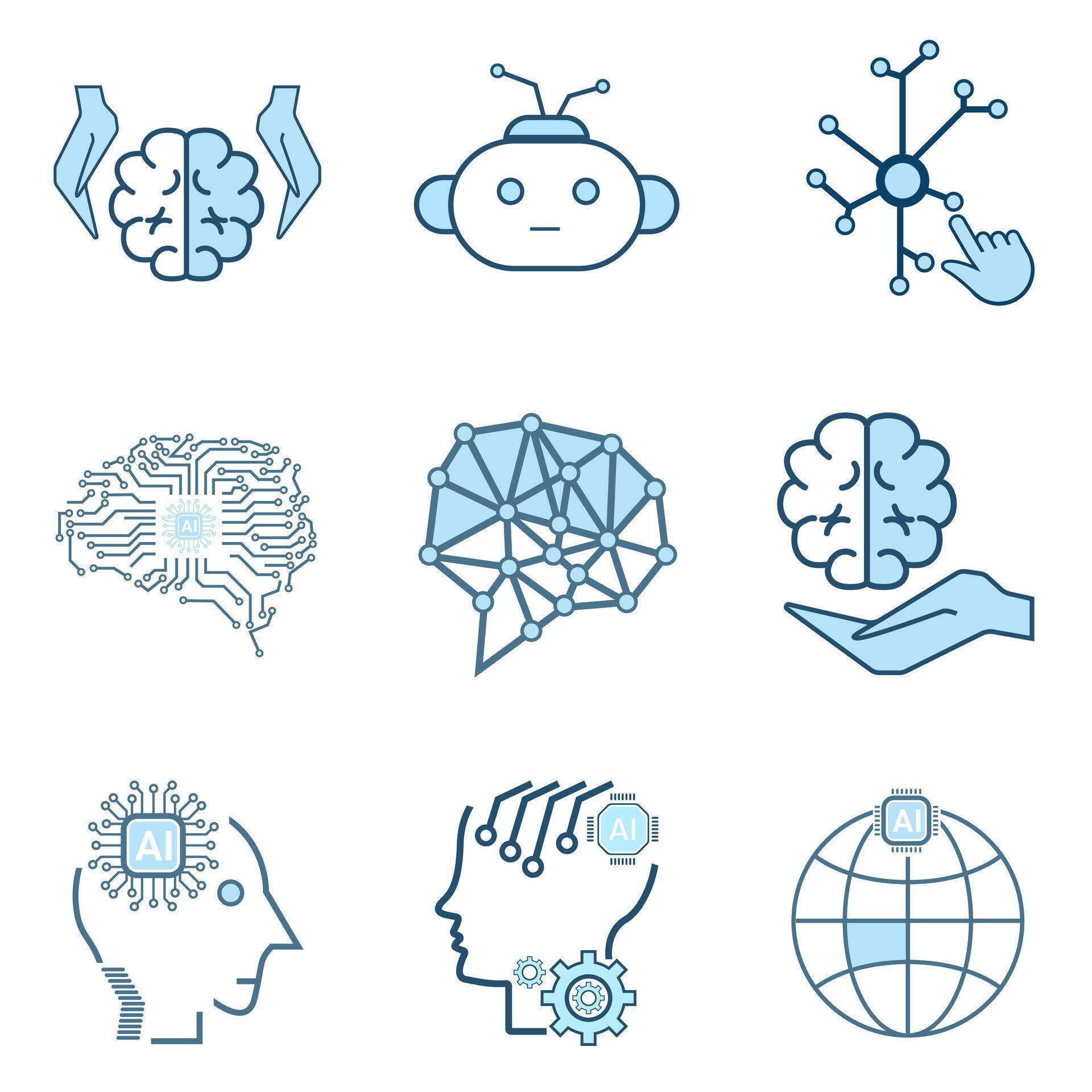 Set of AI symbols, icons Artificial AI icons collection, isolated lined ...