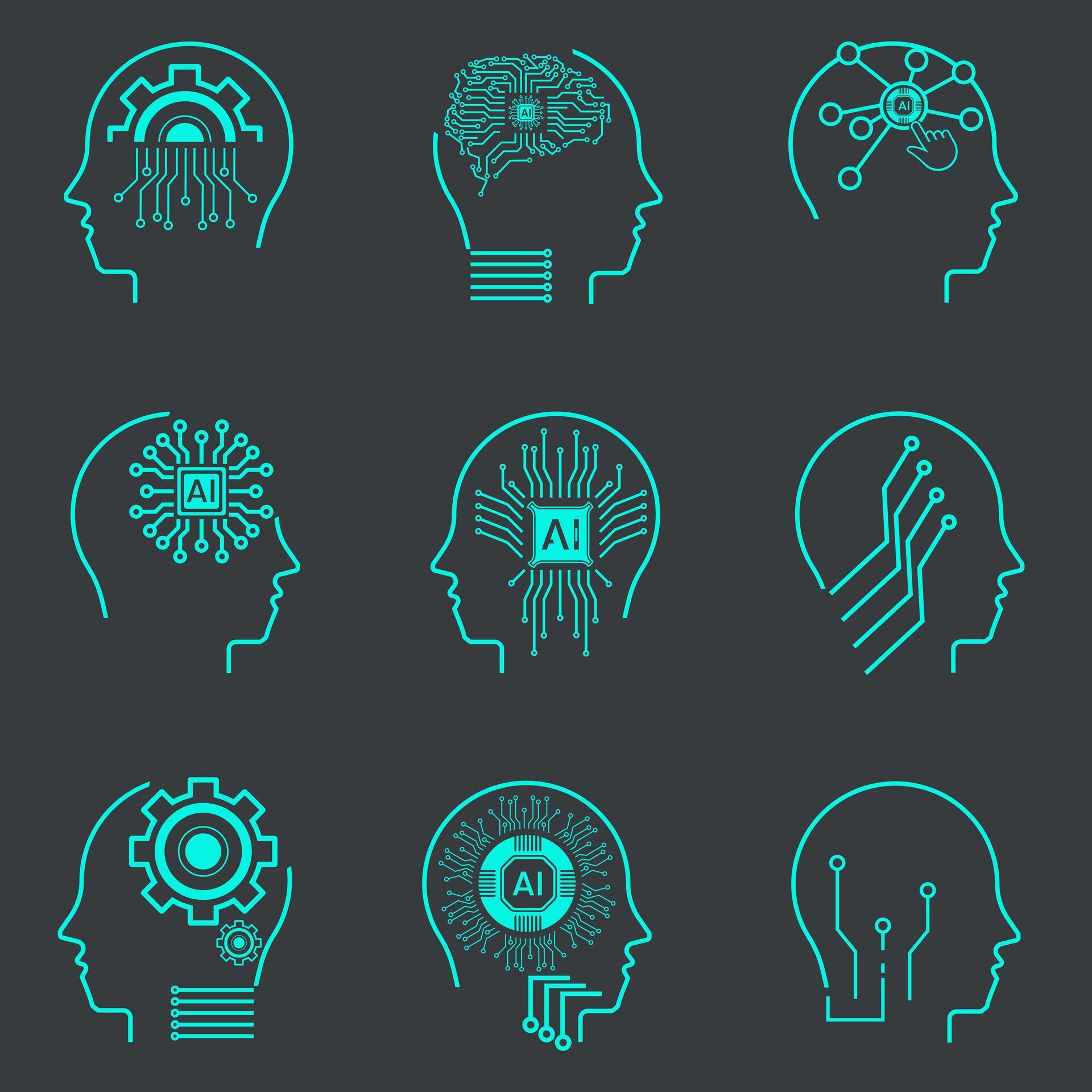 AI icon sets on dark background. Collection of symbols, technology vector element. artificial ...