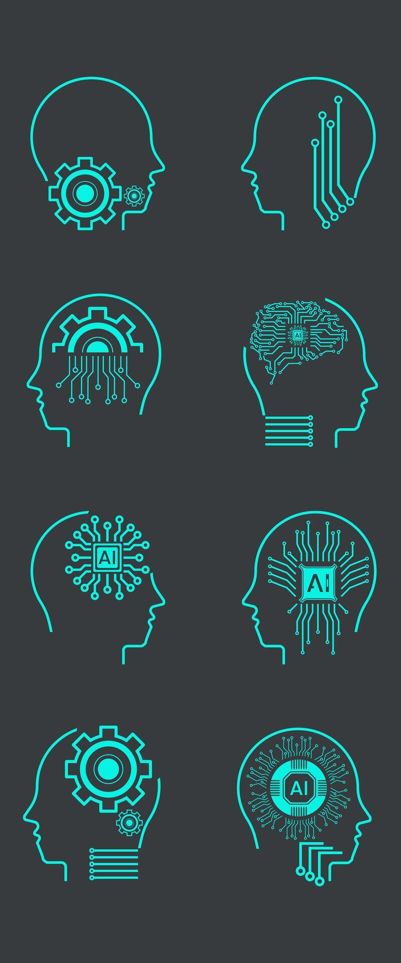 Set of Artificial intelligence line style. machine learning robot heads. Collection of ...