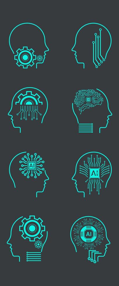 Set of Artificial intelligence line style. machine learning robot heads ...