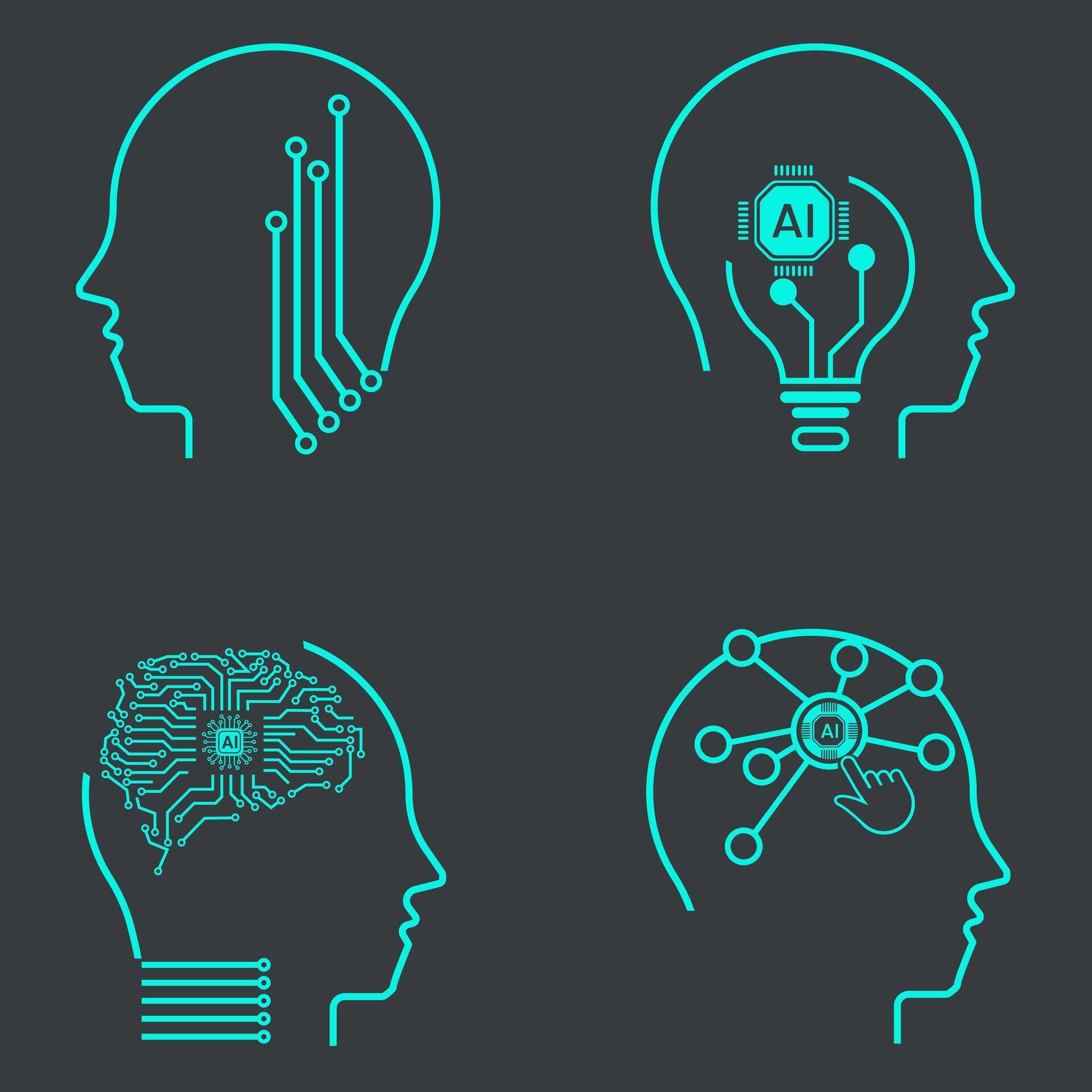Set of AI line style, machine learning robot heads. Collection of FOUR ...