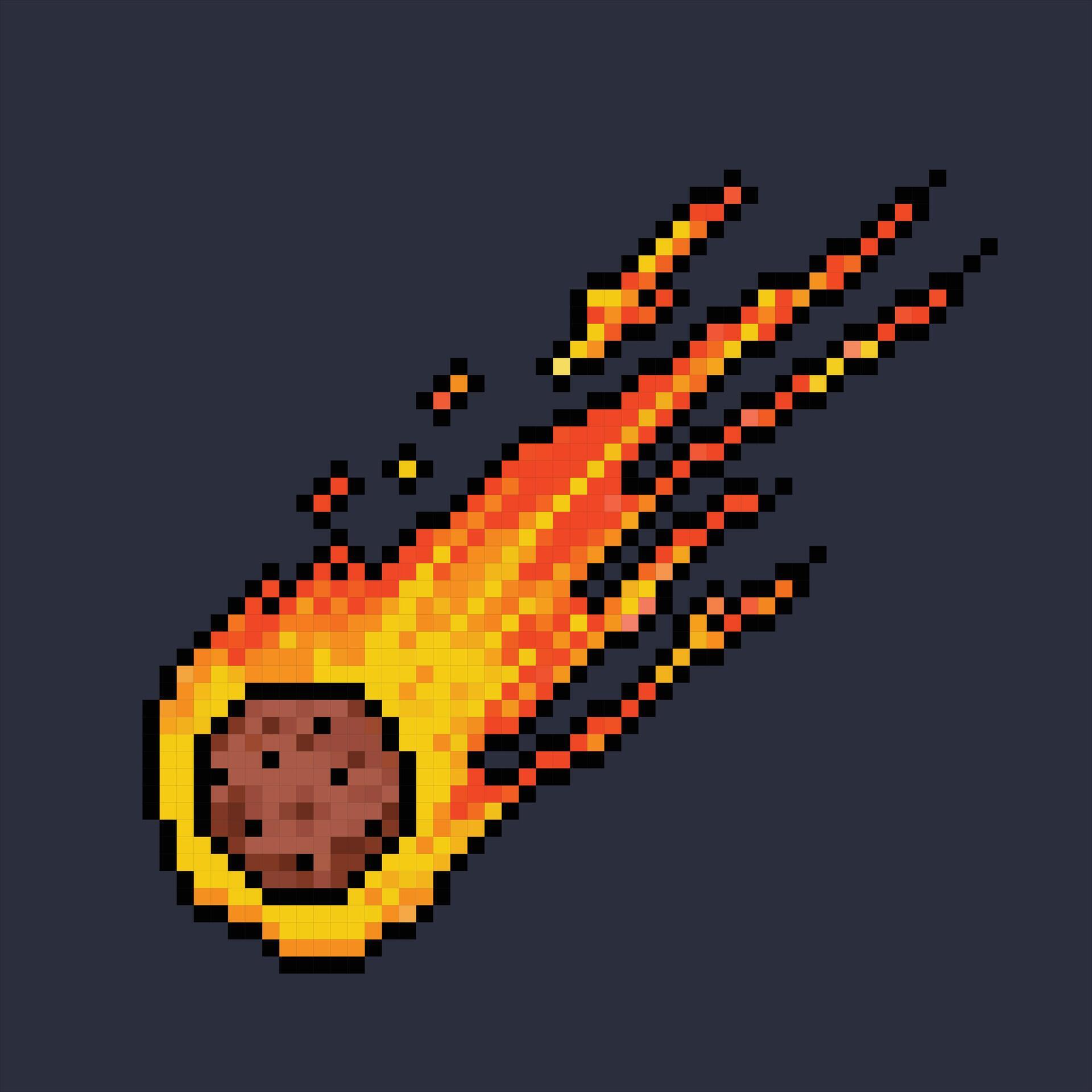 Single meteor piece with hot flaming fire around it. Pixel art retro vintage video game bit ...