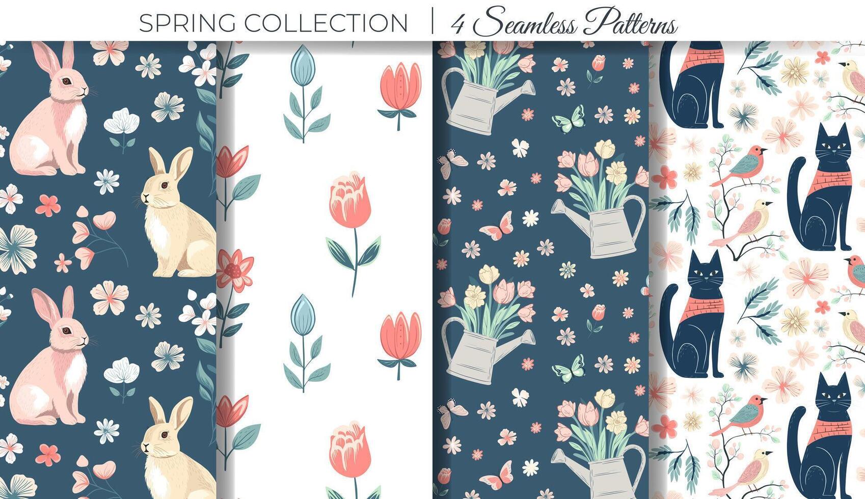 Spring Seamless Patterns Set Of Spring Background With Bunny Watering Can And Cat Easter