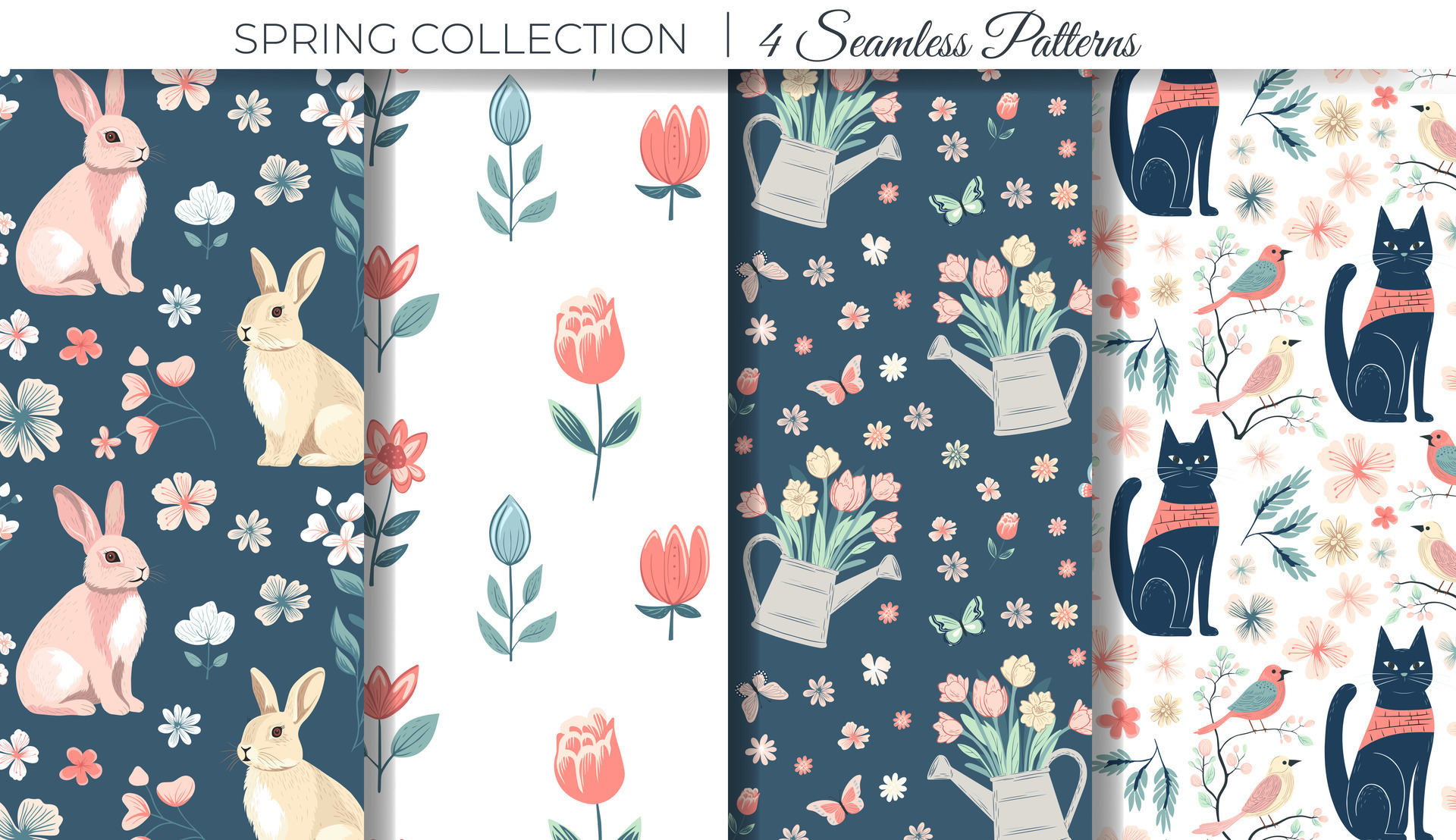 Spring Seamless Patterns Set Of Spring Background With Bunny Watering Can And Cat Easter