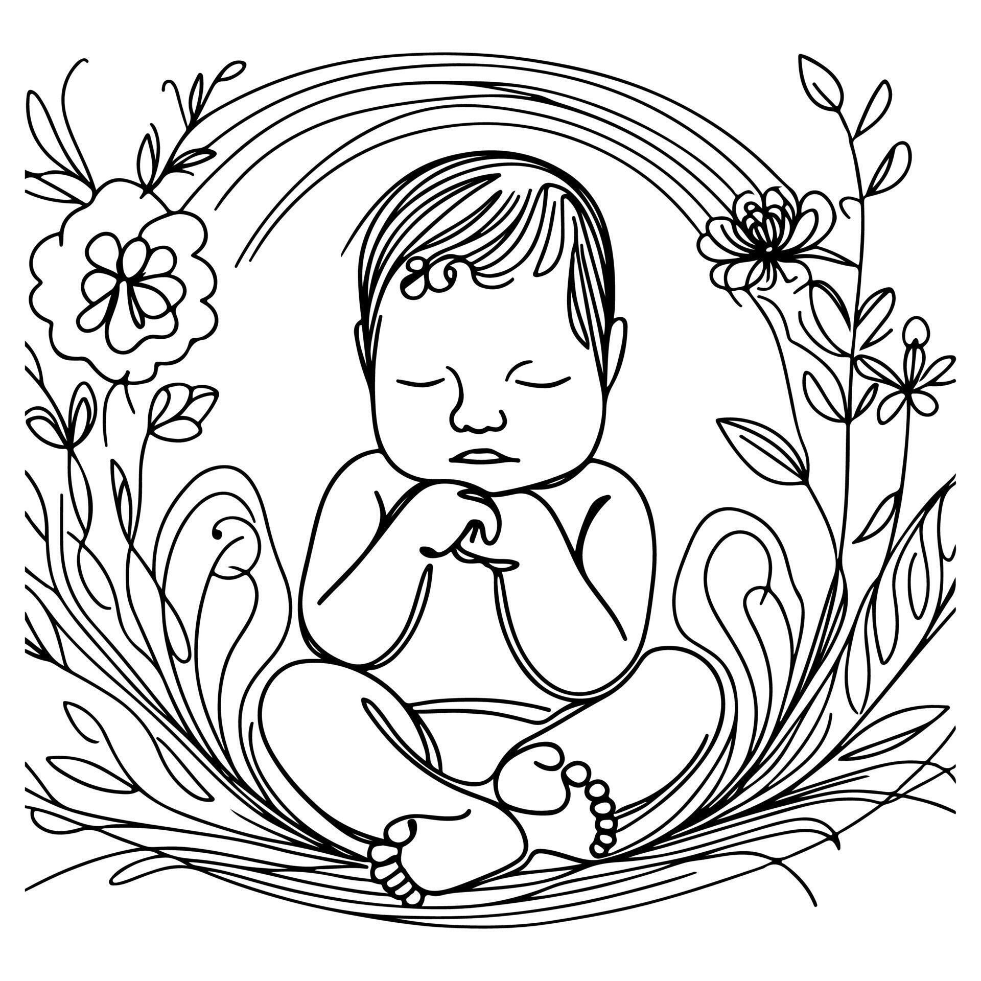 Continuous one black line art hand drawing newborn lying or sleeping ...