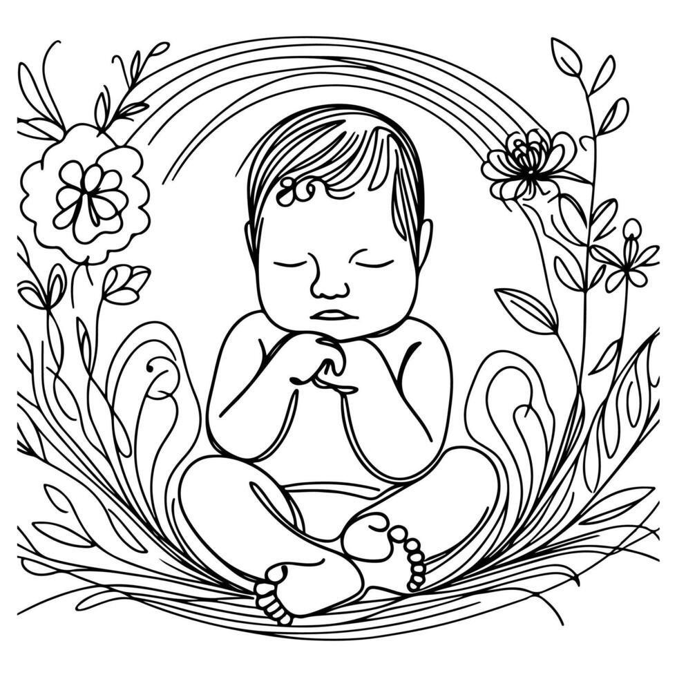 Continuous one black line art hand drawing newborn lying or sleeping ...