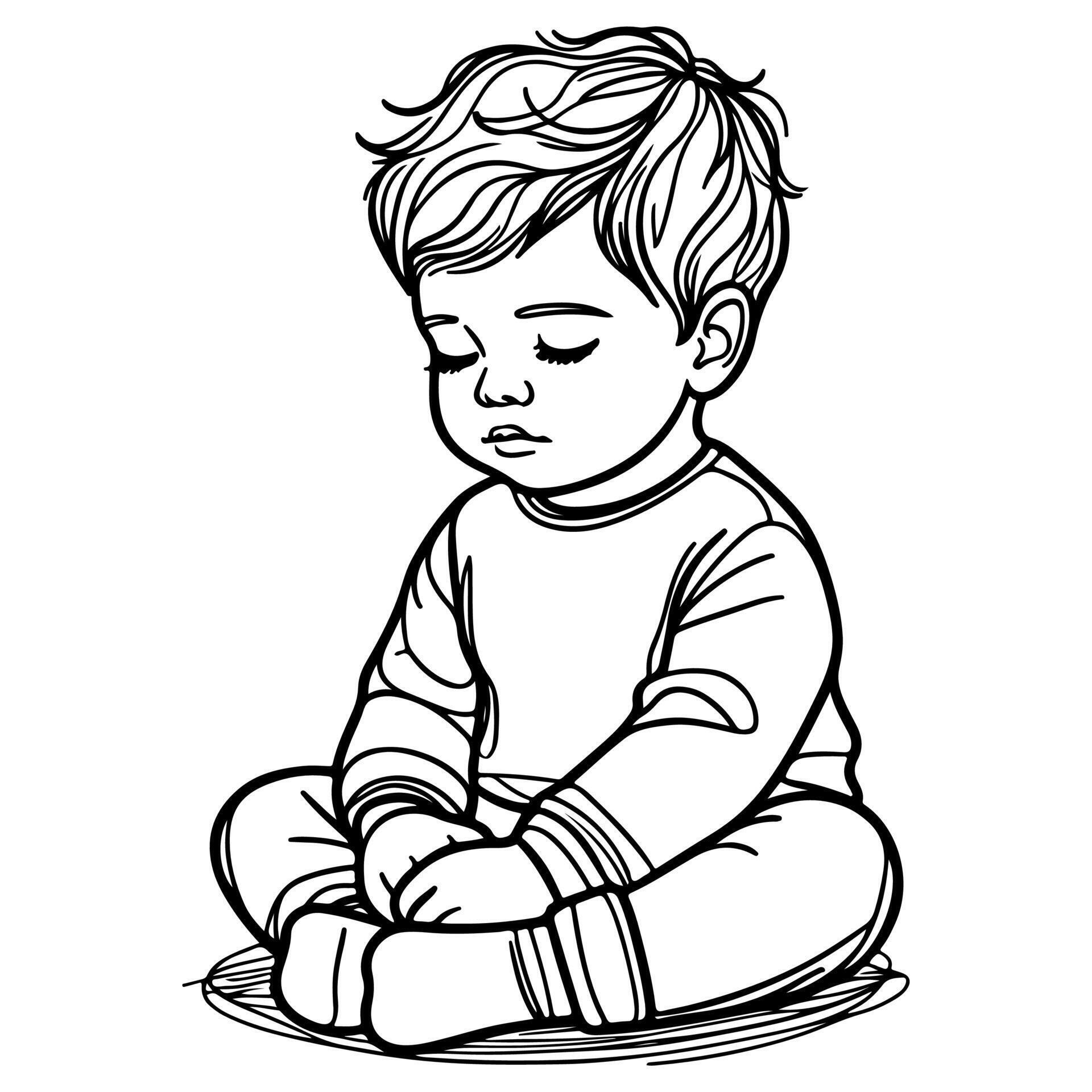 Continuous one black line art hand drawing child sitting alone doodles ...