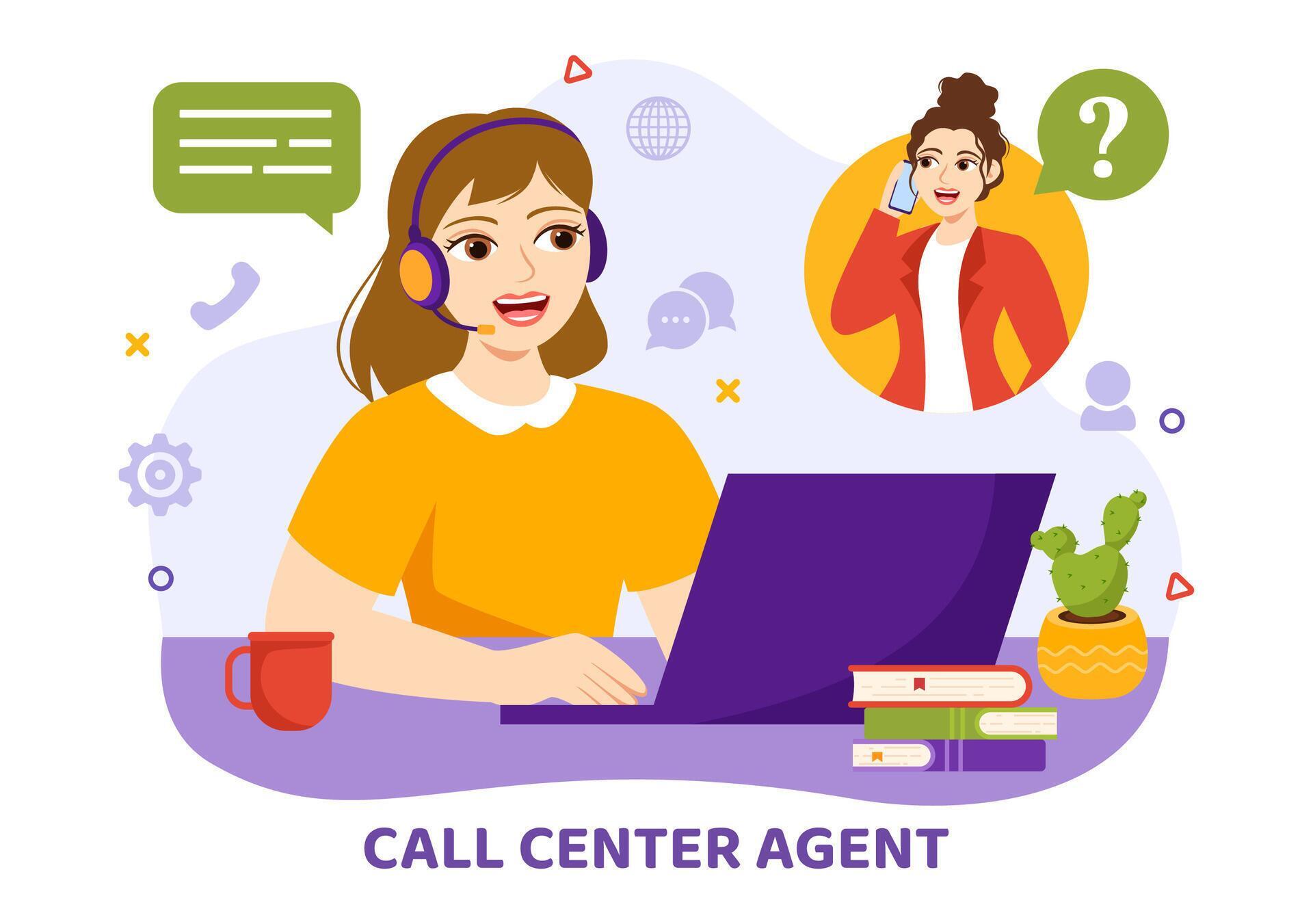 Call Center Agent Vector Illustration of Customer Service or Hotline Operator with Headsets and ...