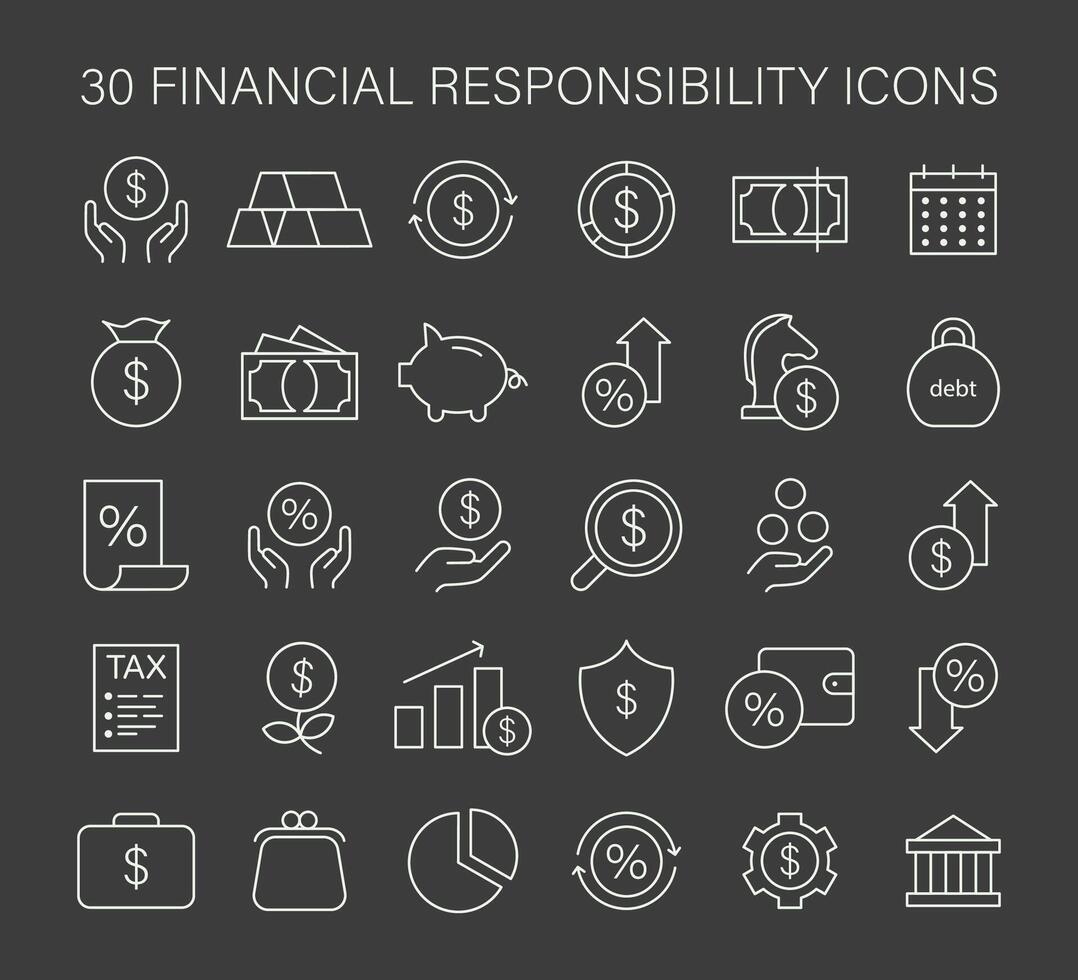 A collection of financial responsibility icons, representing savings ...