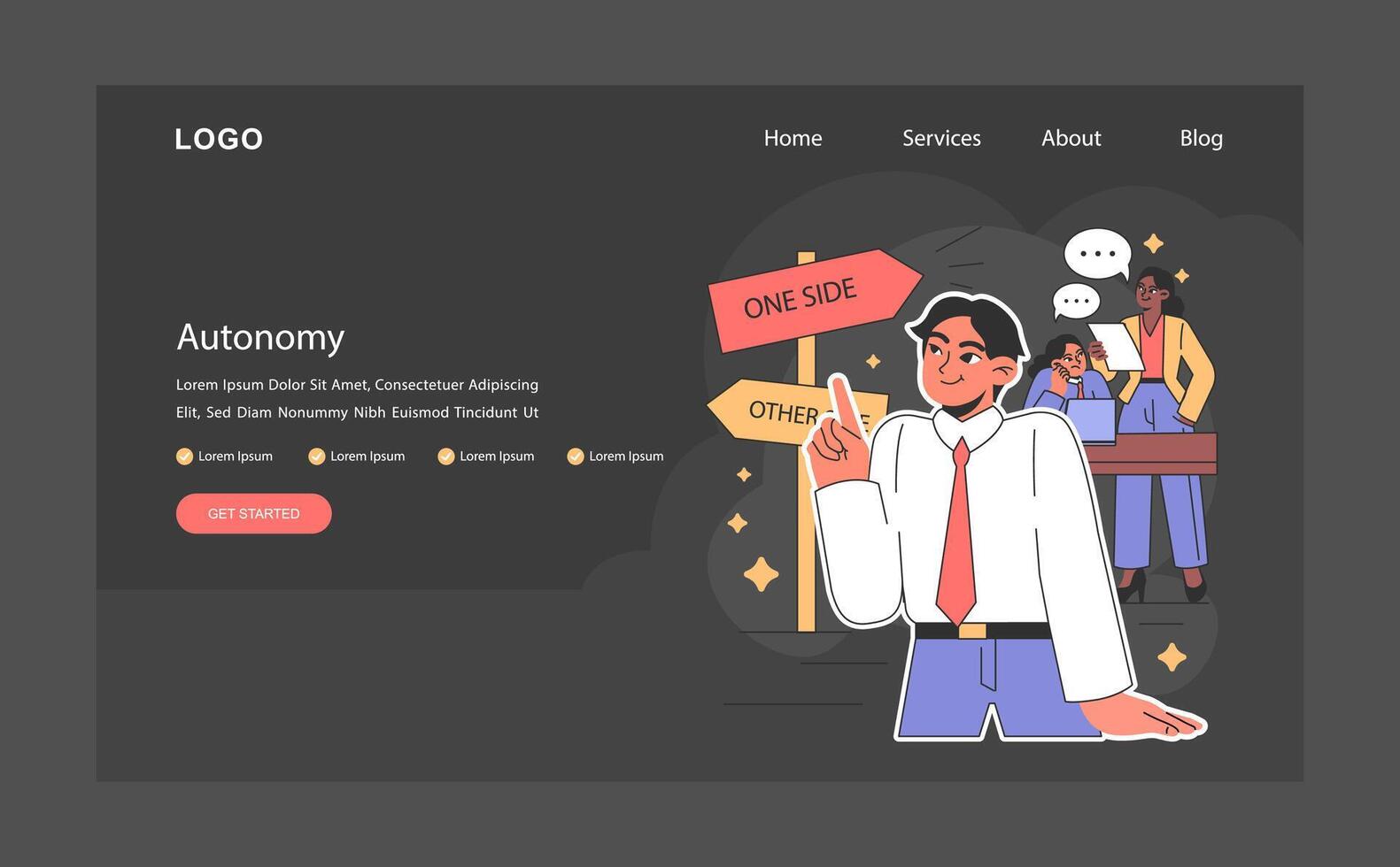Autonomy dark or night mode web, landing. Employee choosing a path ... Autonomy dark or night mode web, landing. Employee choosing a path ...