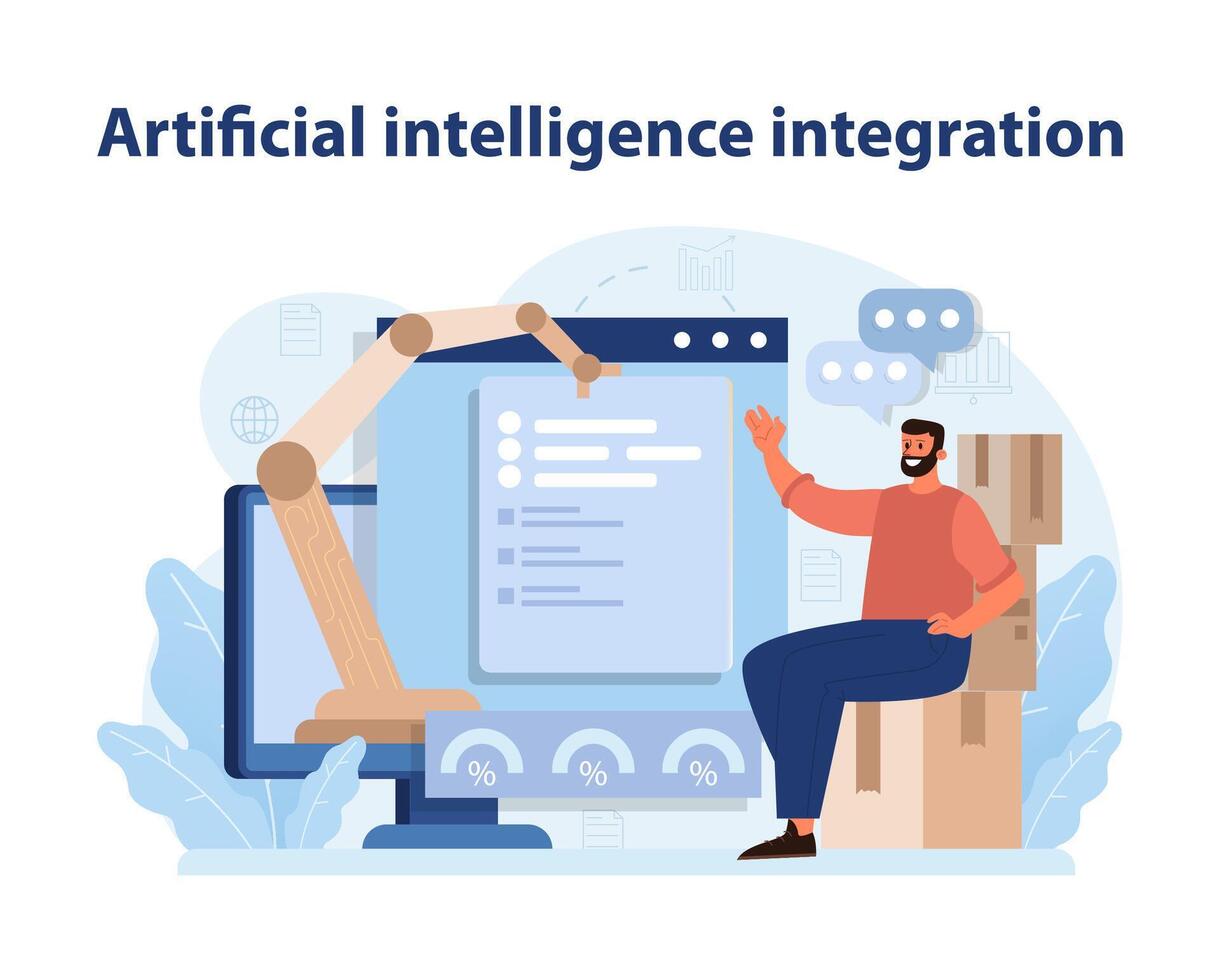 Artificial Intelligence Integration. Man interacting with AI and data analytics in a retail ...