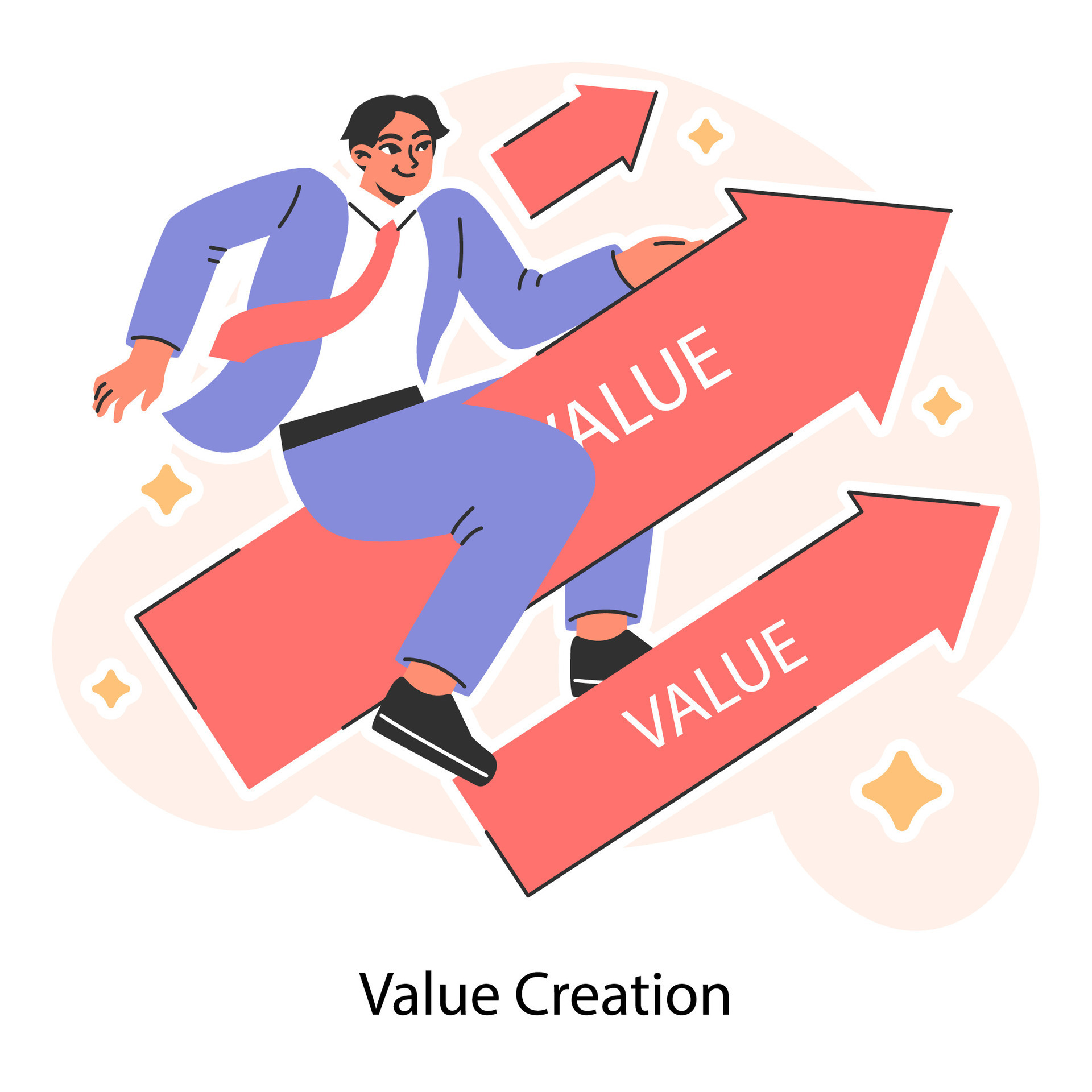 Enthusiastic Businessman Rides Upward Arrows Labeled Value Ascending