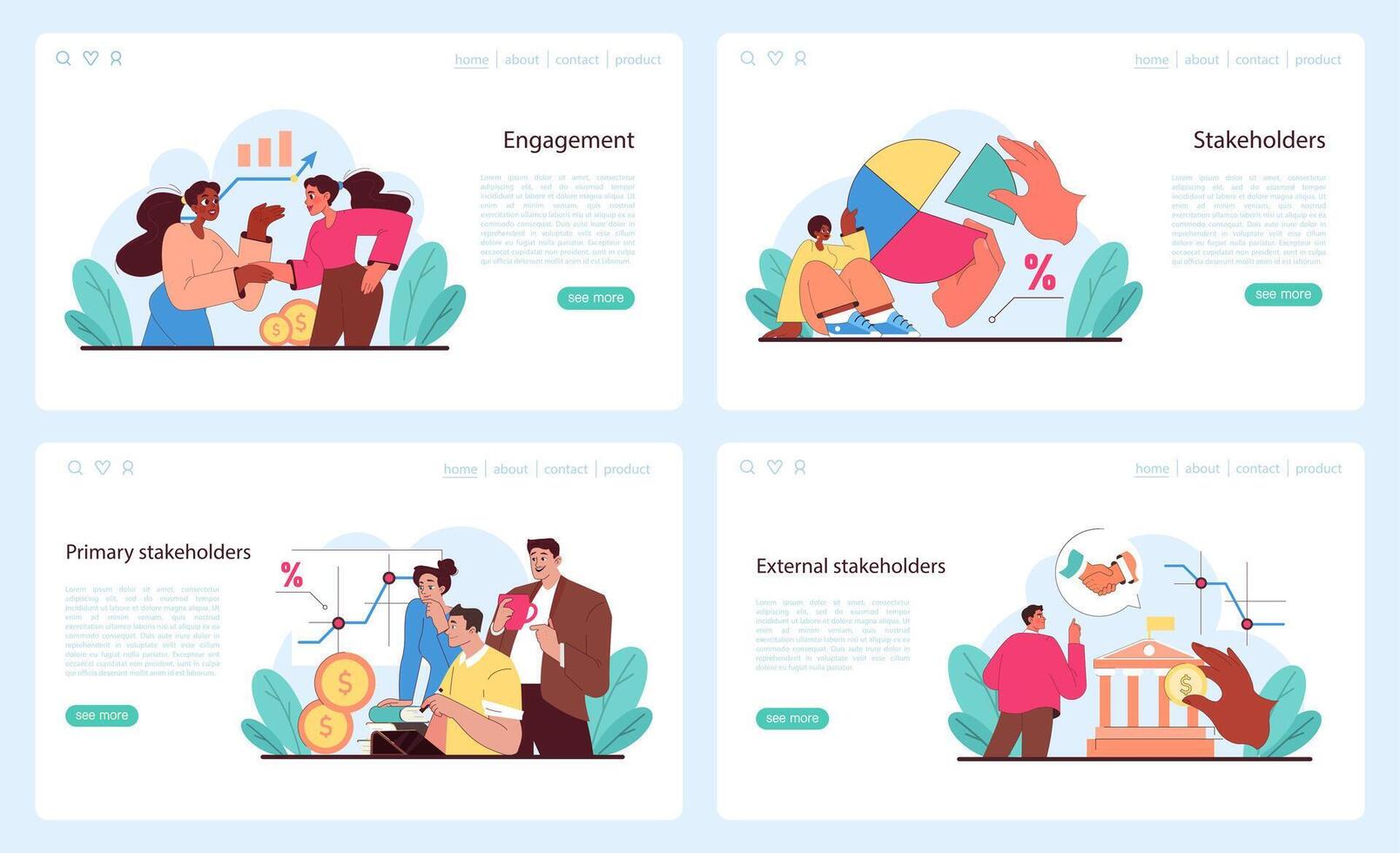 Business stakeholders set. Detailed depiction of engagement, stakeholder analysis. 41173377 ...