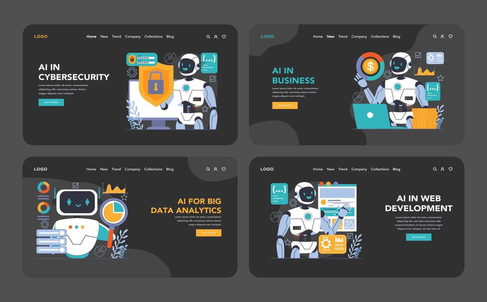 Ai integration dark or night mode web or landing set. Artificial ...