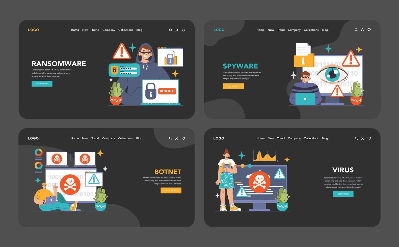 Cybersecurity Dark Or Night Mode Web Landing Set Protecting Data