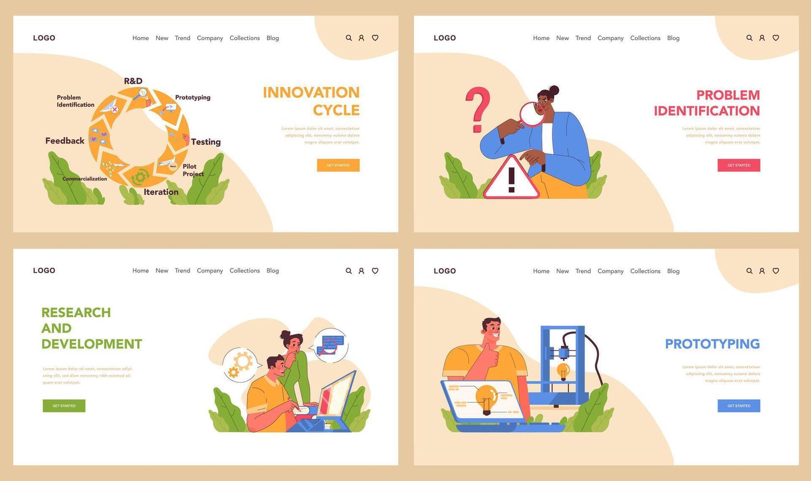 Innovation cycle web or landing set. Generation of a creative idea or ... Innovation cycle web or landing set. Generation of a creative idea or ...