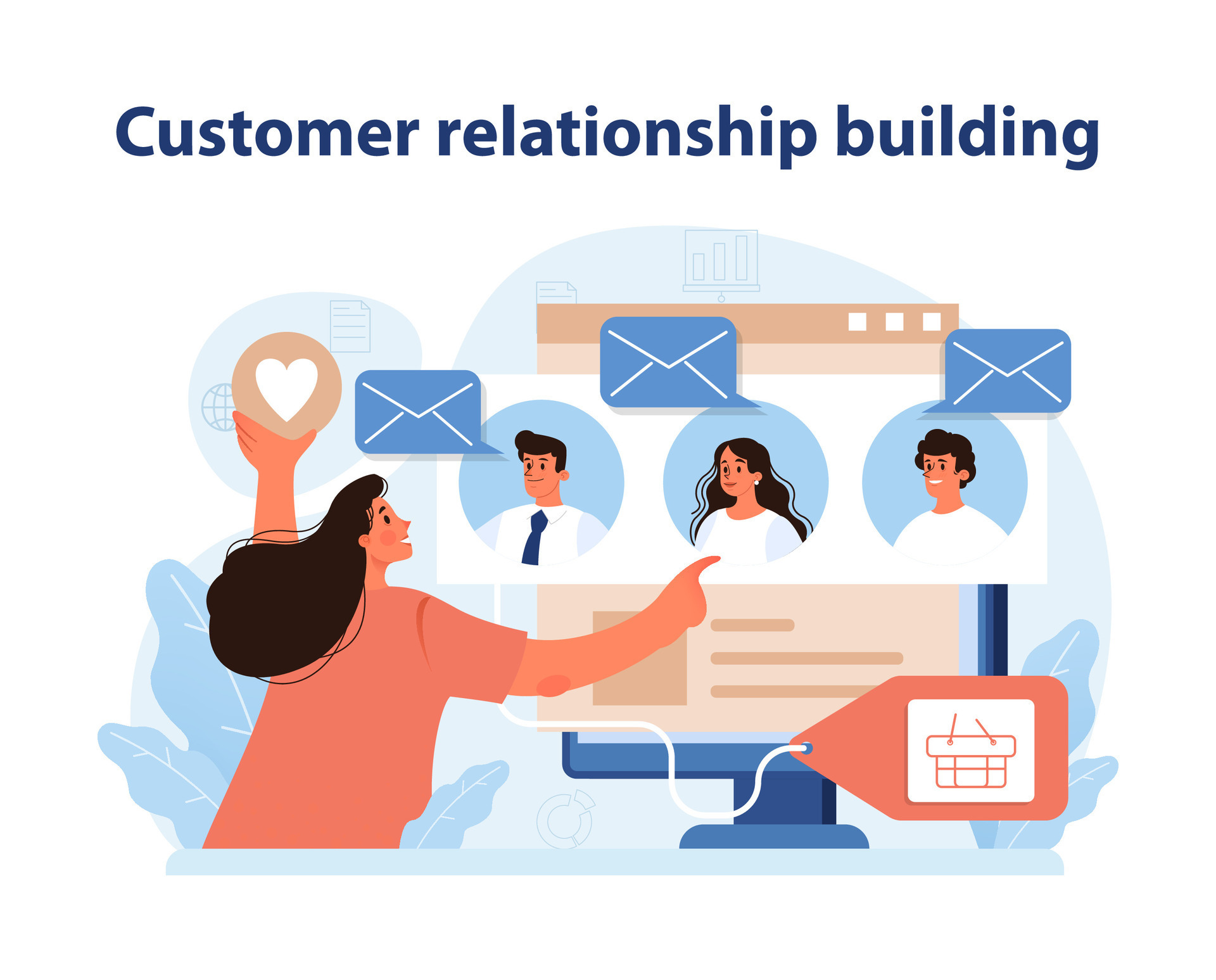 Customer Relationship Building Illustration. A marketer connects with clients using digital ...
