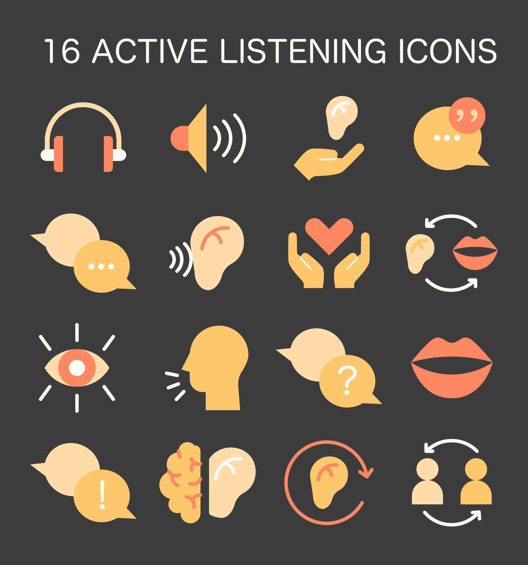 Active listening skill icons set. Symbol of attentiveness soft skill ...