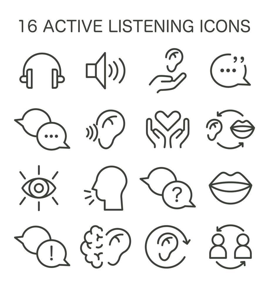 Active listening skill icons set. Symbol of attentiveness soft skill ...