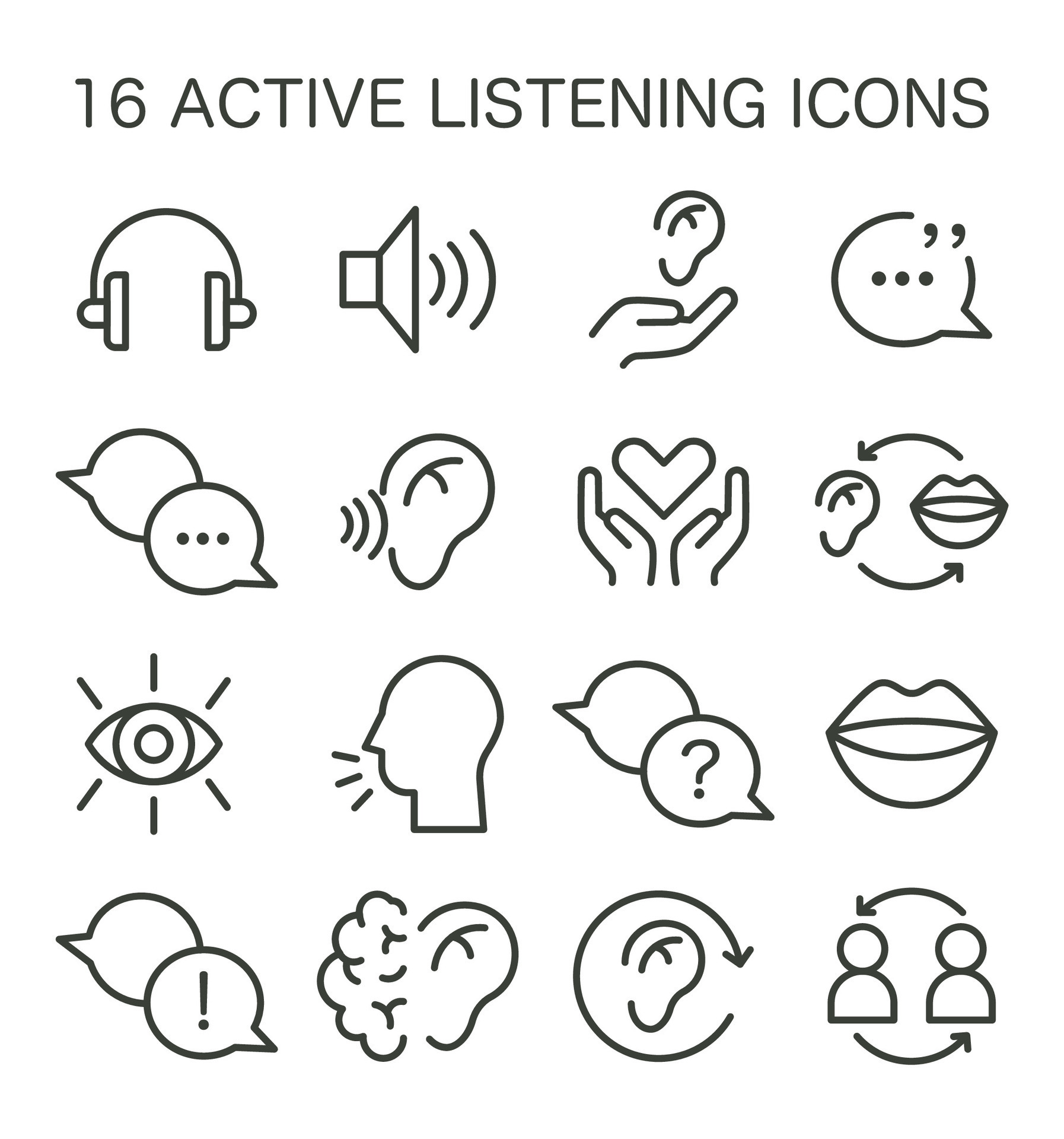 Active listening skill icons set. Symbol of attentiveness soft skill ...