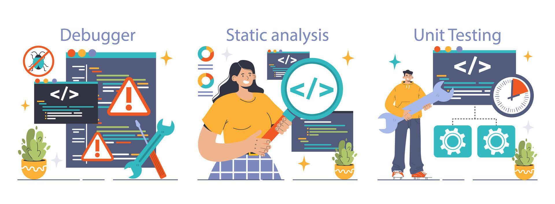 Software Testing Set Code Testing And Debugging It Specialist Searching 41176479 Vector Art At