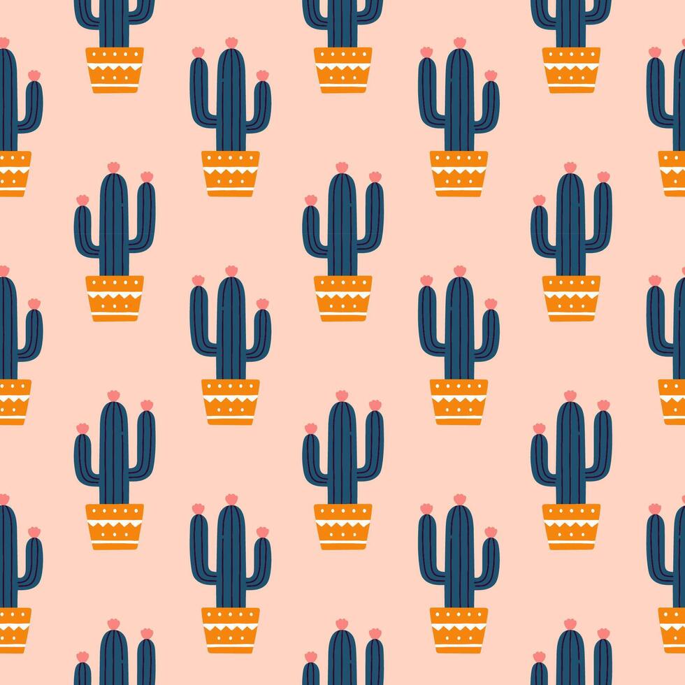 Cute cactus seamless pattern. Mexican cactus in pot. Desert spiny plant, mexico cacti flower and ...