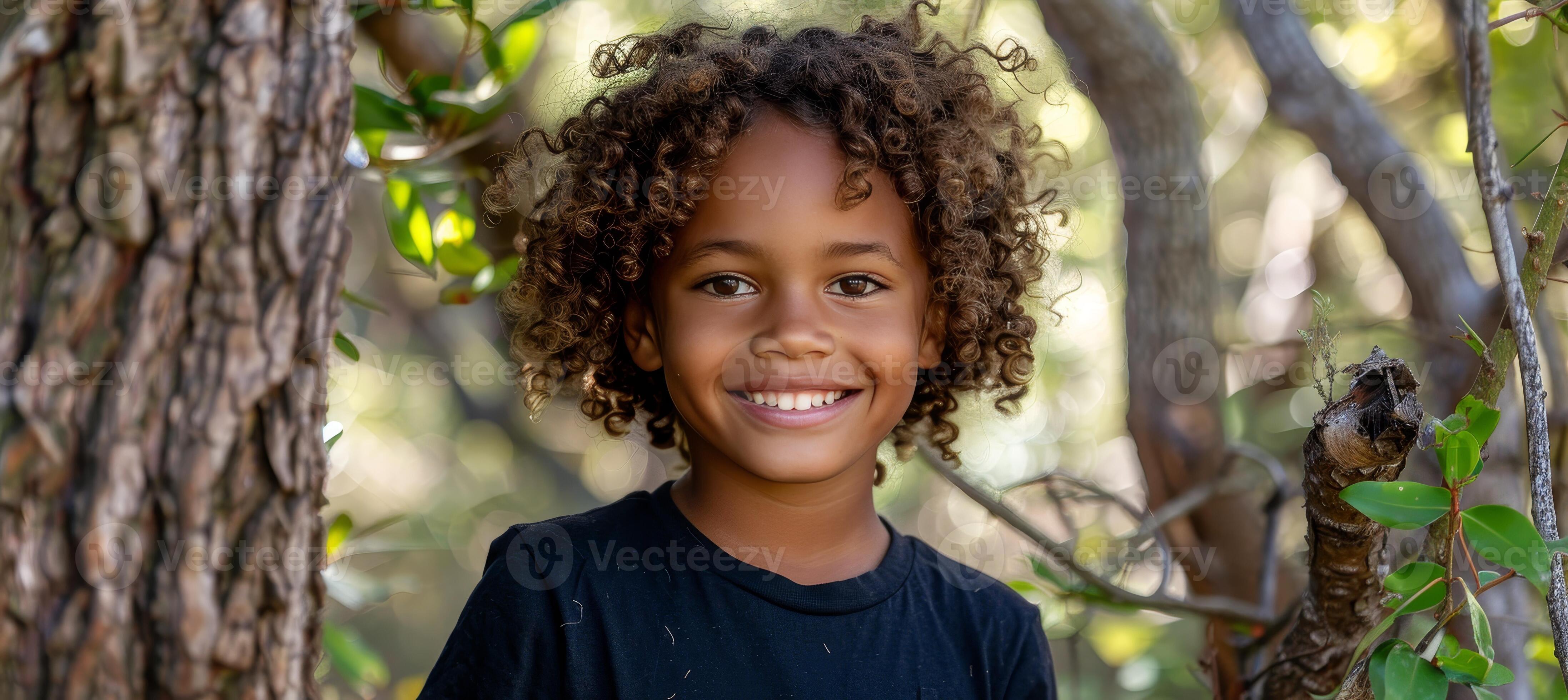 AI generated Smiling child with curly hair joyfully looking at the camera, radiating happiness ...