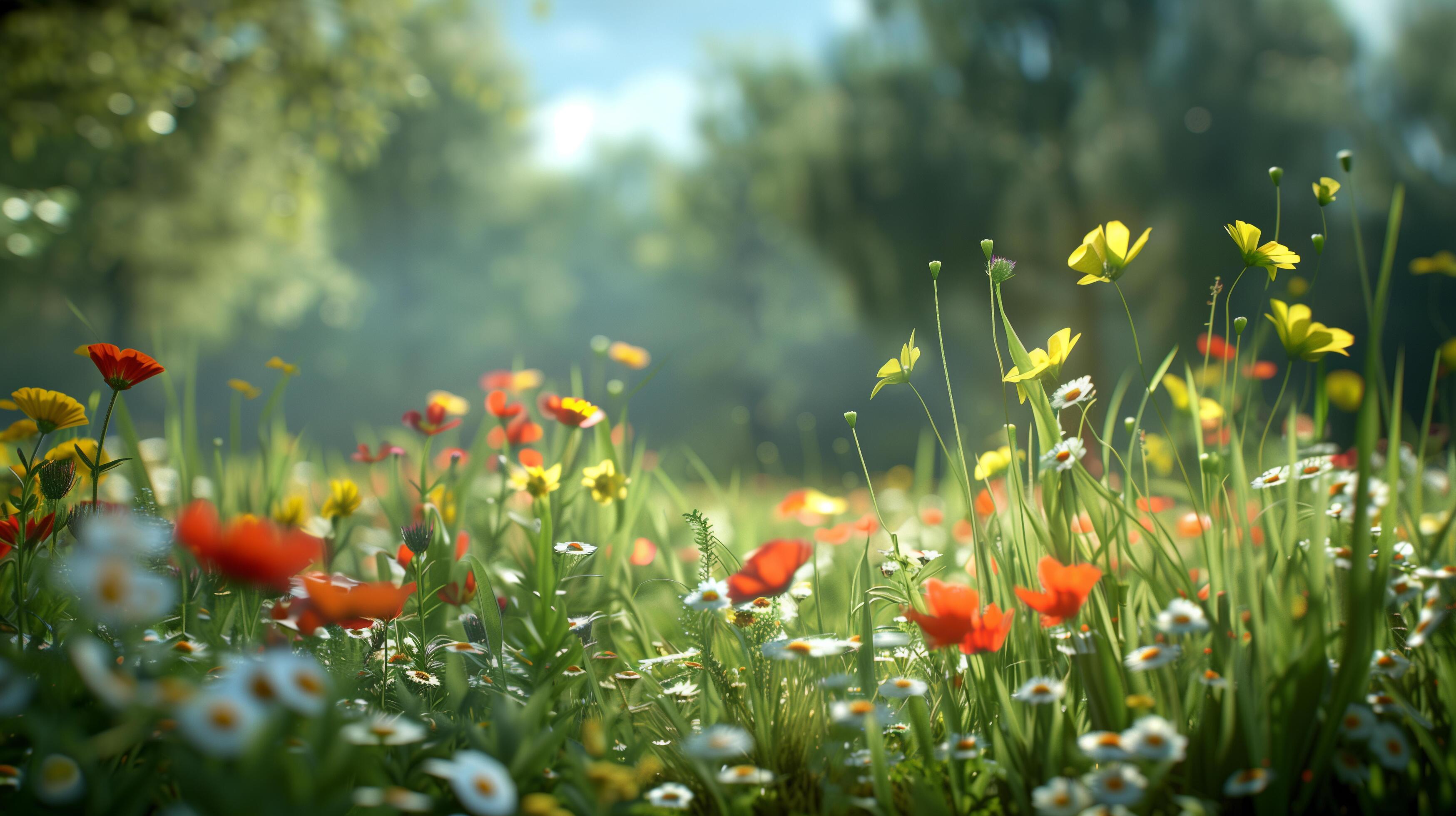 AI generated springtime flower meadow, blooming field background ...