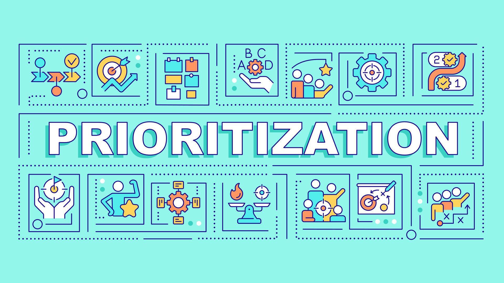 Prioritization turquoise word concept. Time management. Focus control ... Prioritization turquoise word concept. Time management. Focus control ...