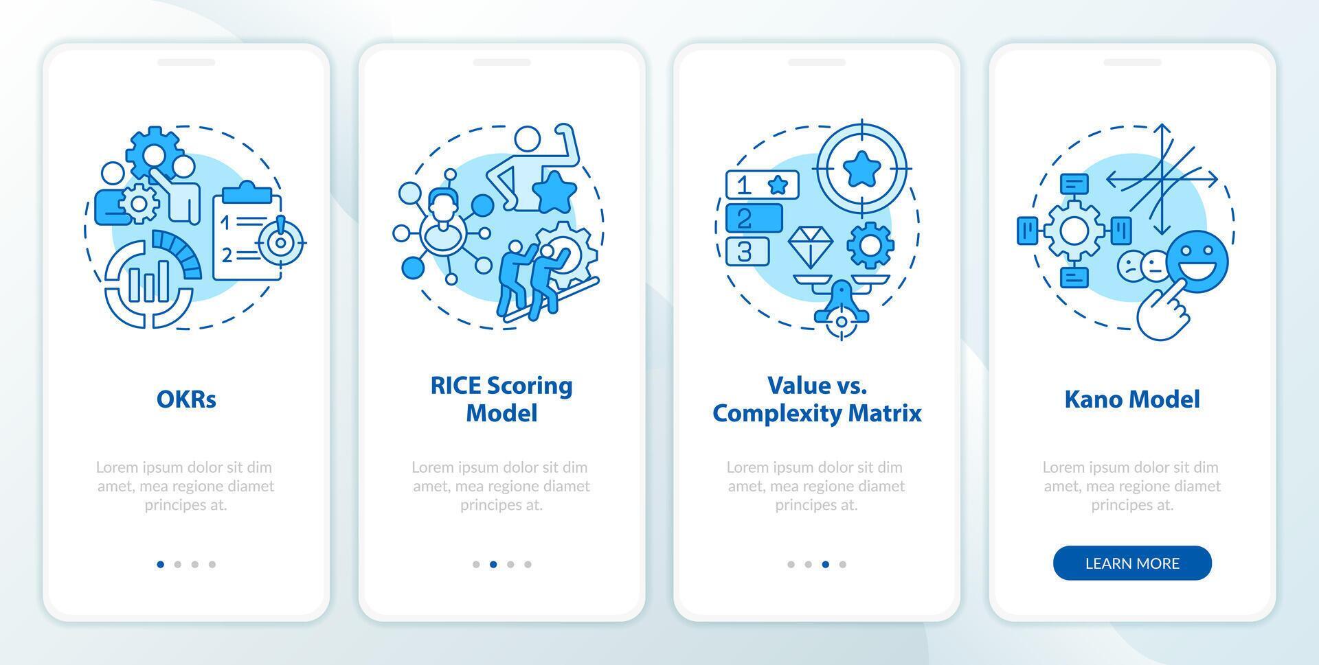Prioritization Frameworks Blue Onboarding Mobile App Screen Walkthrough 4 Steps Editable