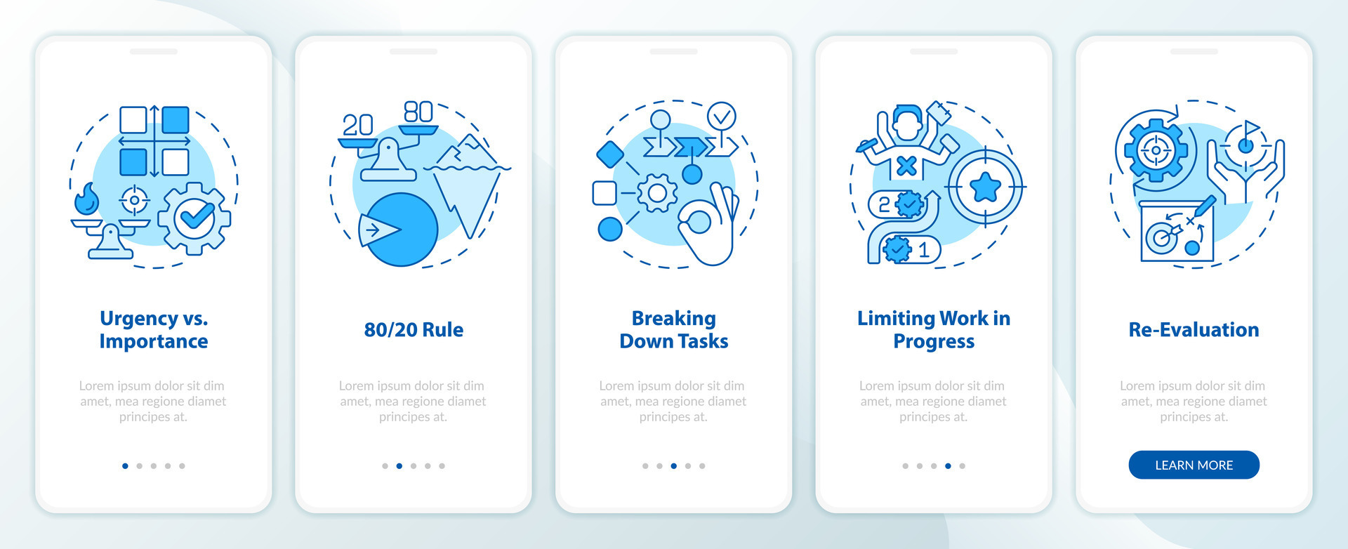 Prioritization Principles Blue Onboarding Mobile App Screen Walkthrough 5 Steps Editable