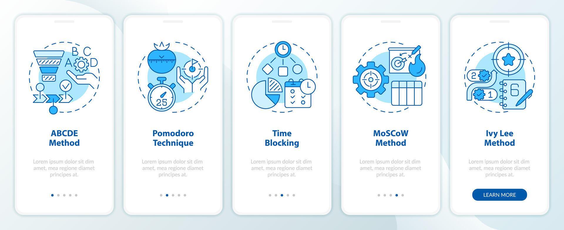 Prioritization Techniques Blue Onboarding Mobile App Screen Walkthrough 5 Steps Editable