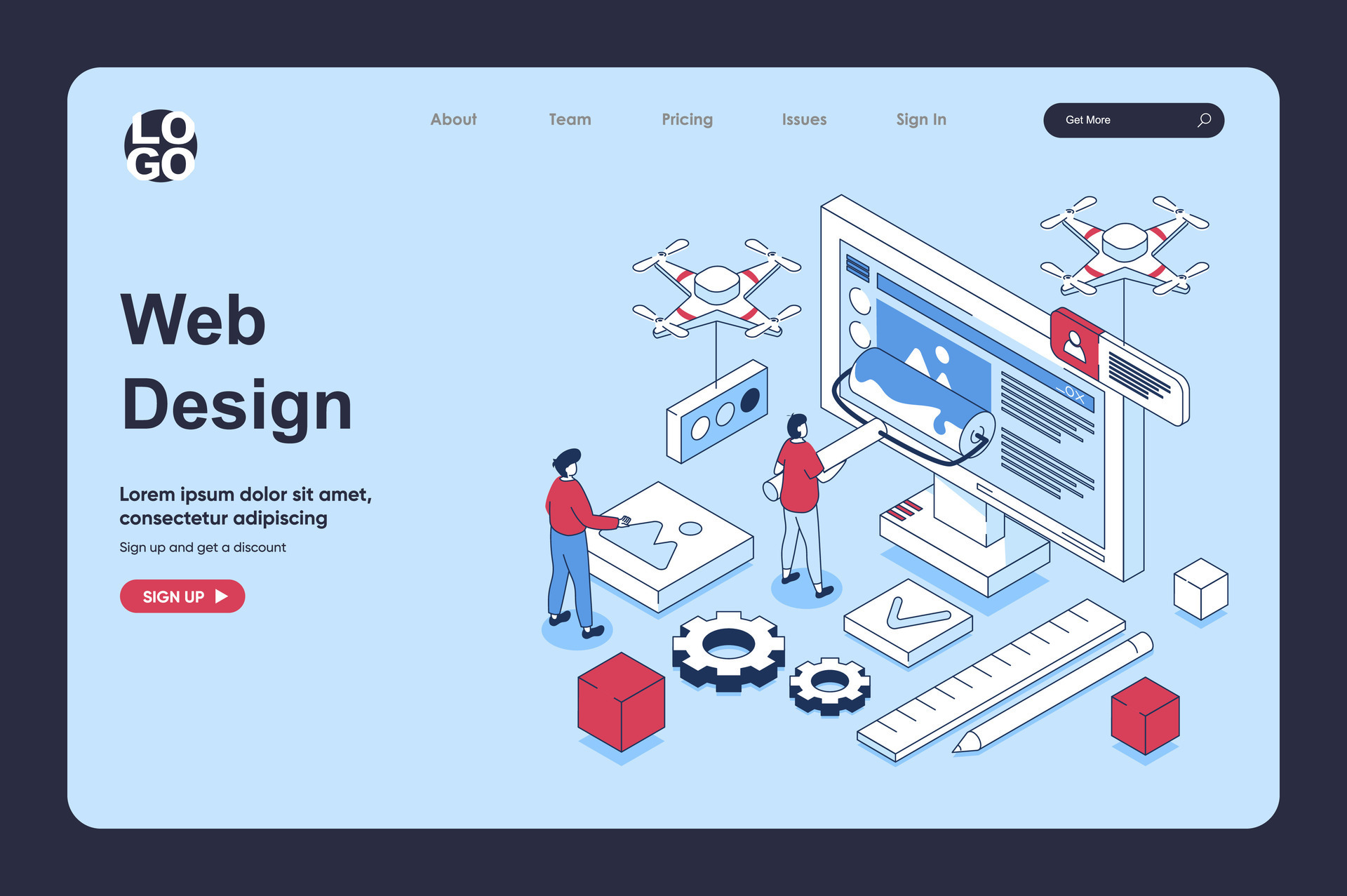 Web design concept in 3d isometric design for landing page template. People creating pages ...
