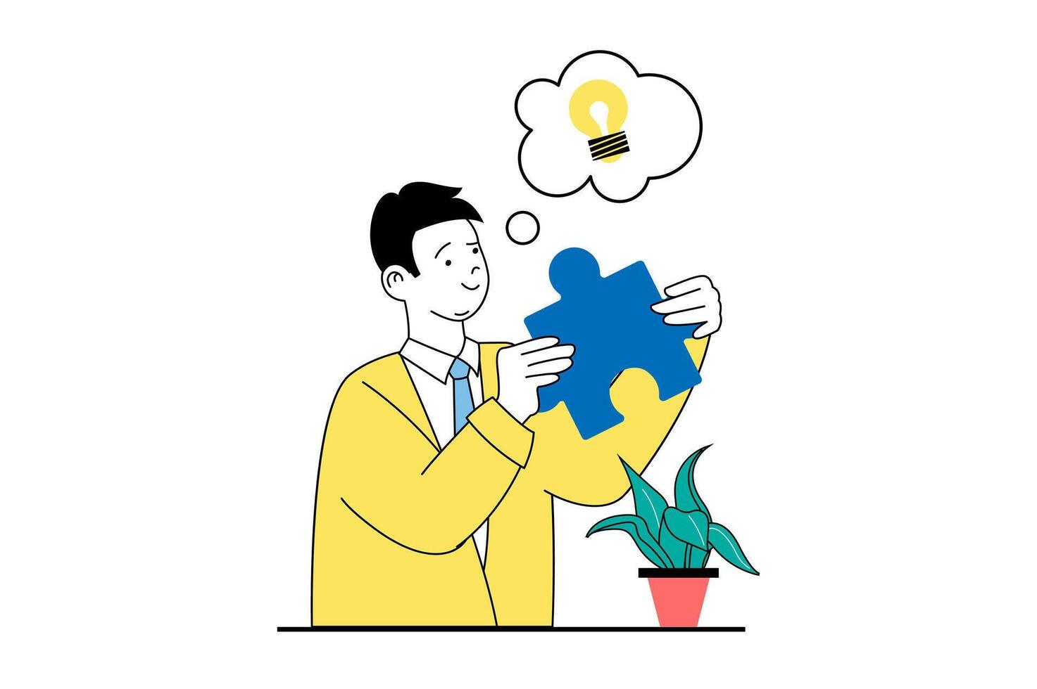 Brainstorming concept with people scene in flat web design. Man solving ...