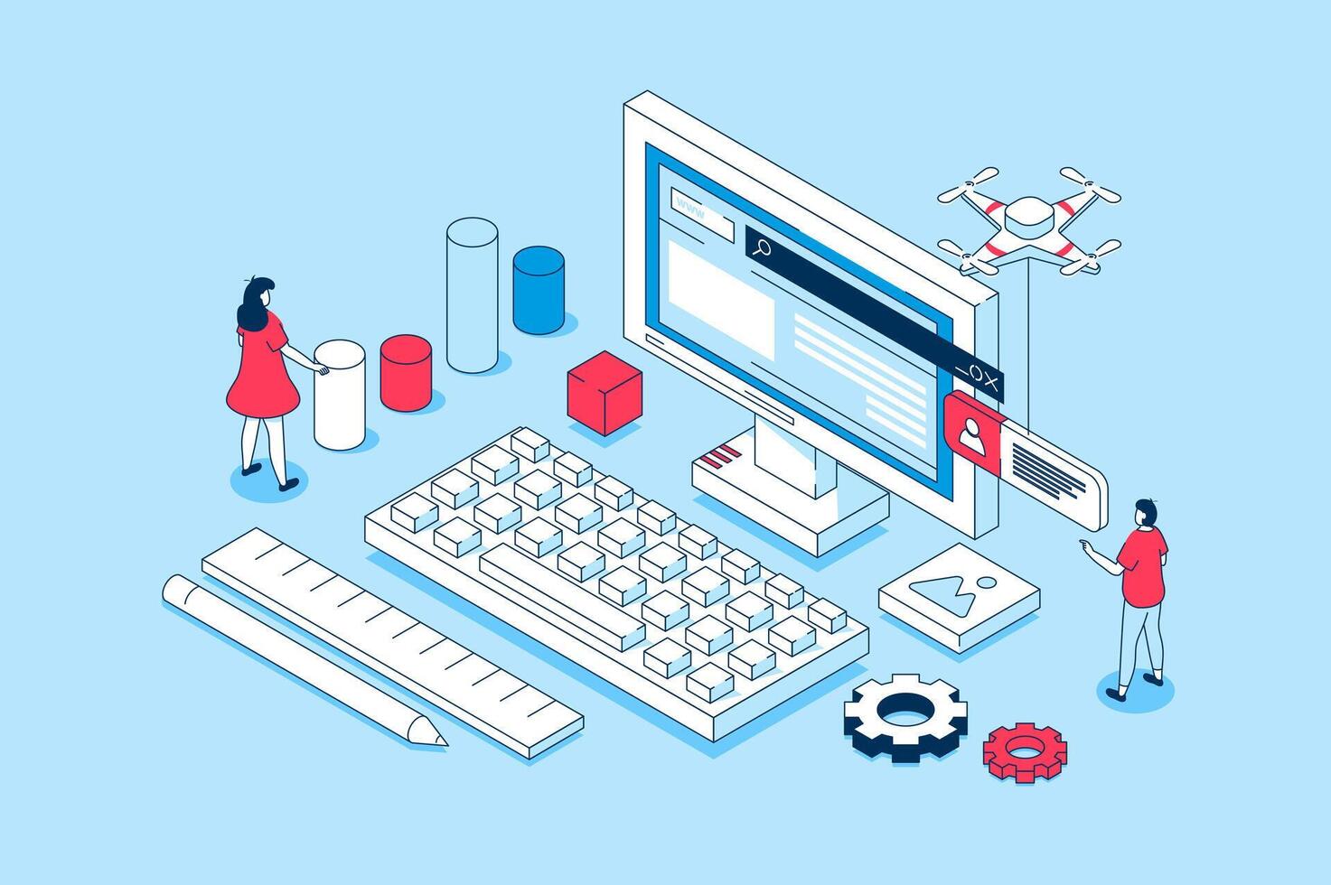 Programming Concept In 3d Isometric Design People Working With Code Or Script Creating