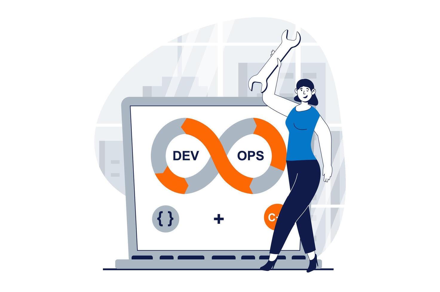 DevOps concept with people scene in flat design for web. Woman using ...