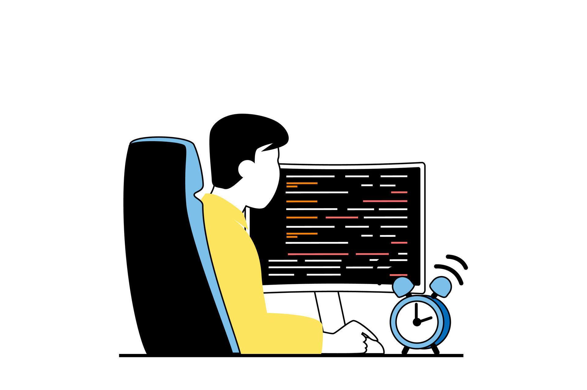 Freelance Concept With People Scene In Flat Web Design Man Working As Remotely Programmer