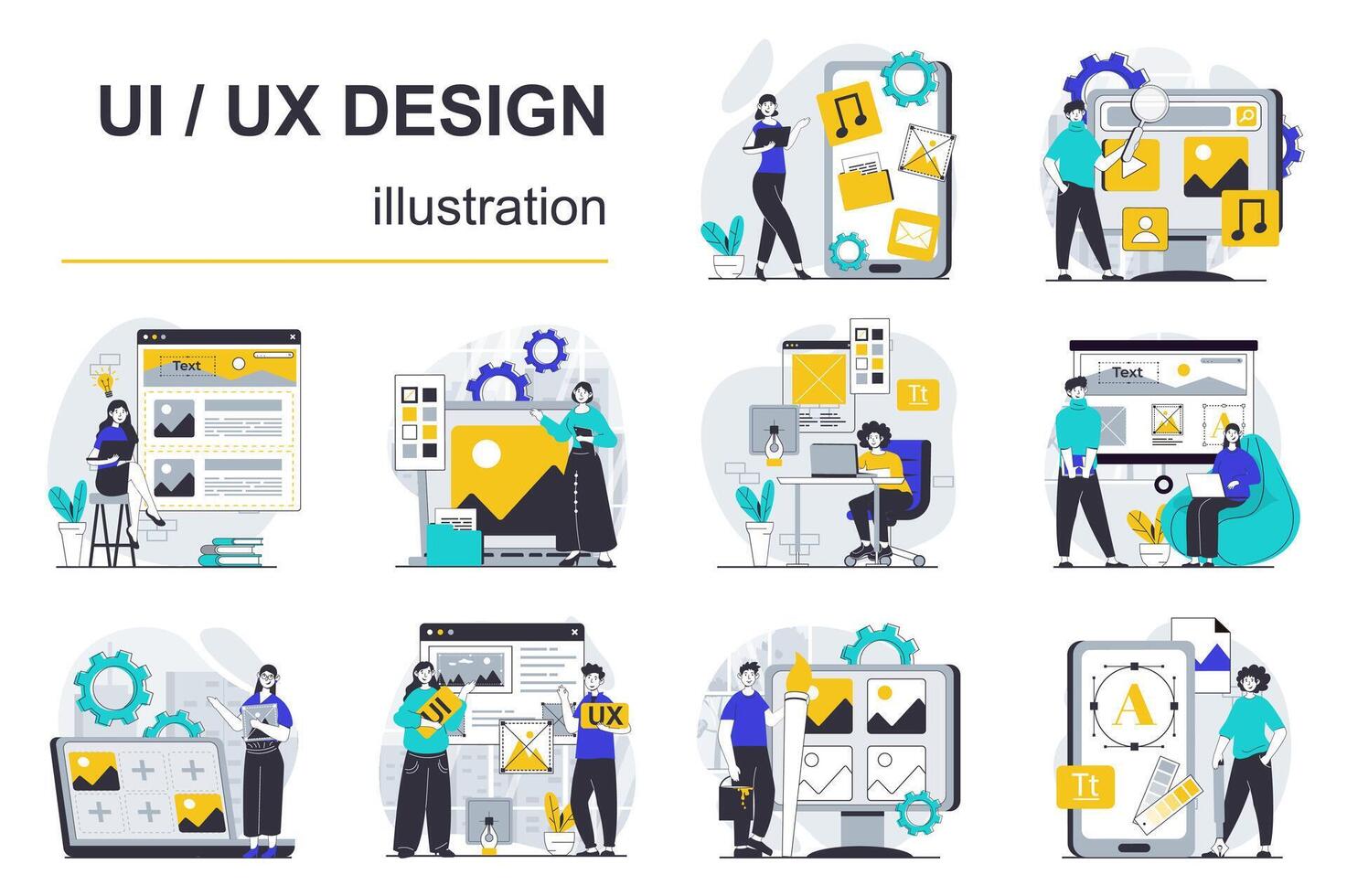 UI UX design concept with character situations mega set. Bundle of scenes people creating user ...
