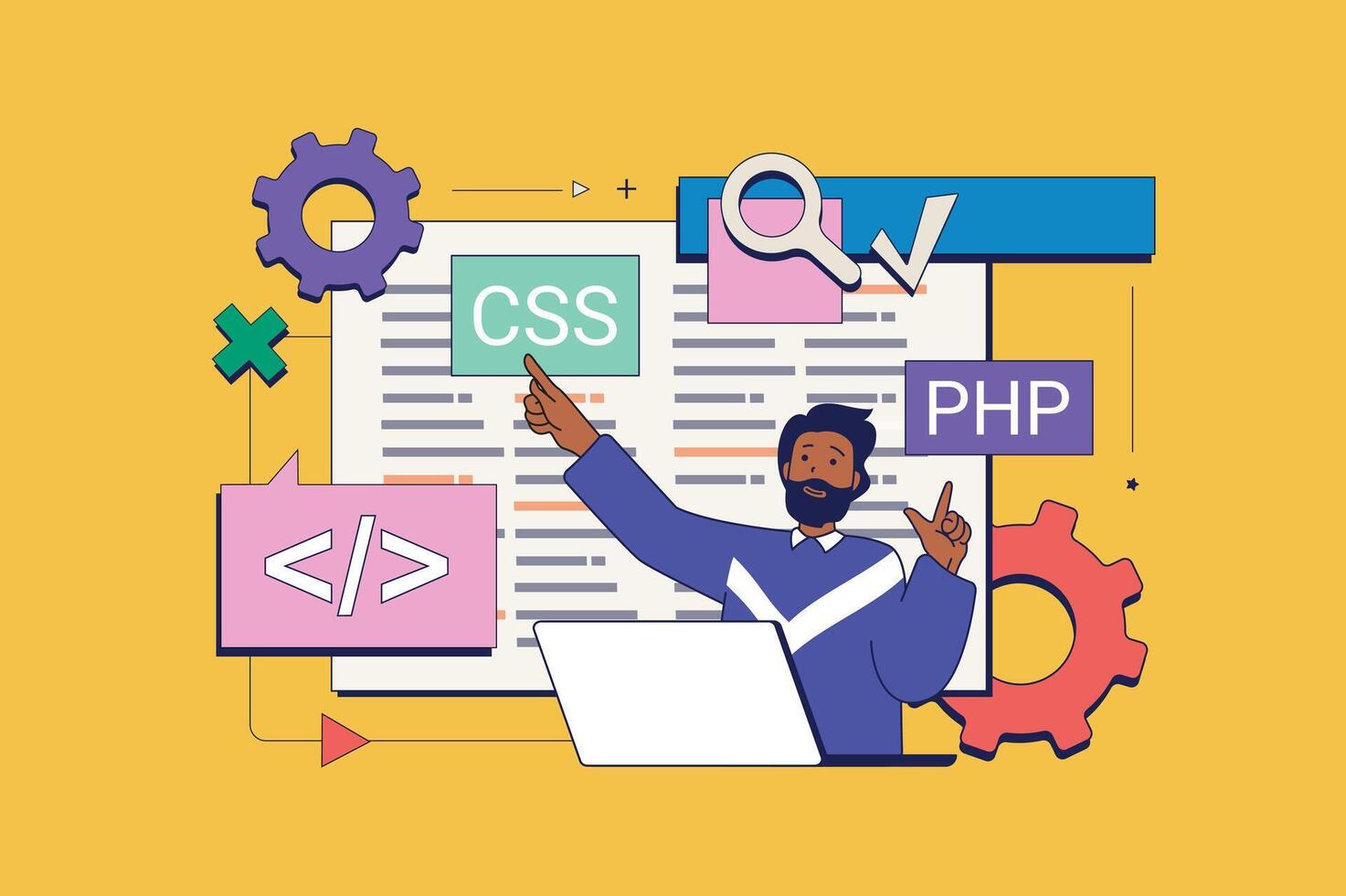 Programming concept in flat neo brutalism design for web. Man coding ...