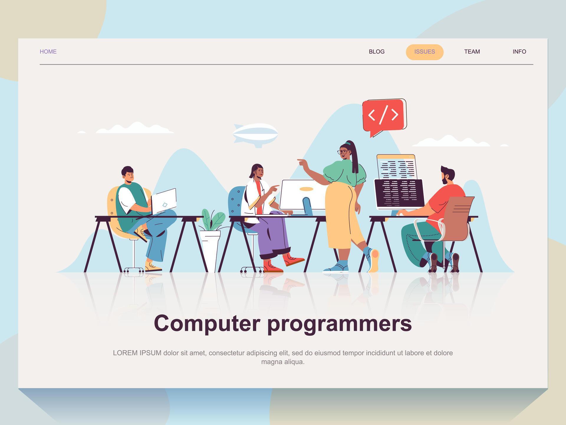 Computer programmers web concept for landing page in flat design. Man and woman working in ...