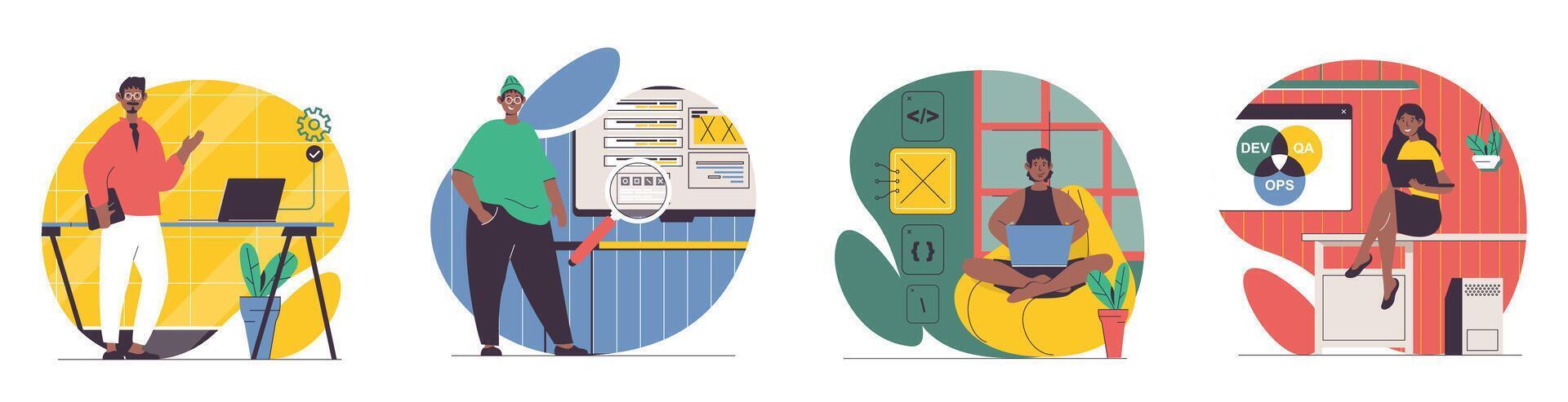 DevOps concept with people scenes set in flat web design. Bundle of character situations with ...